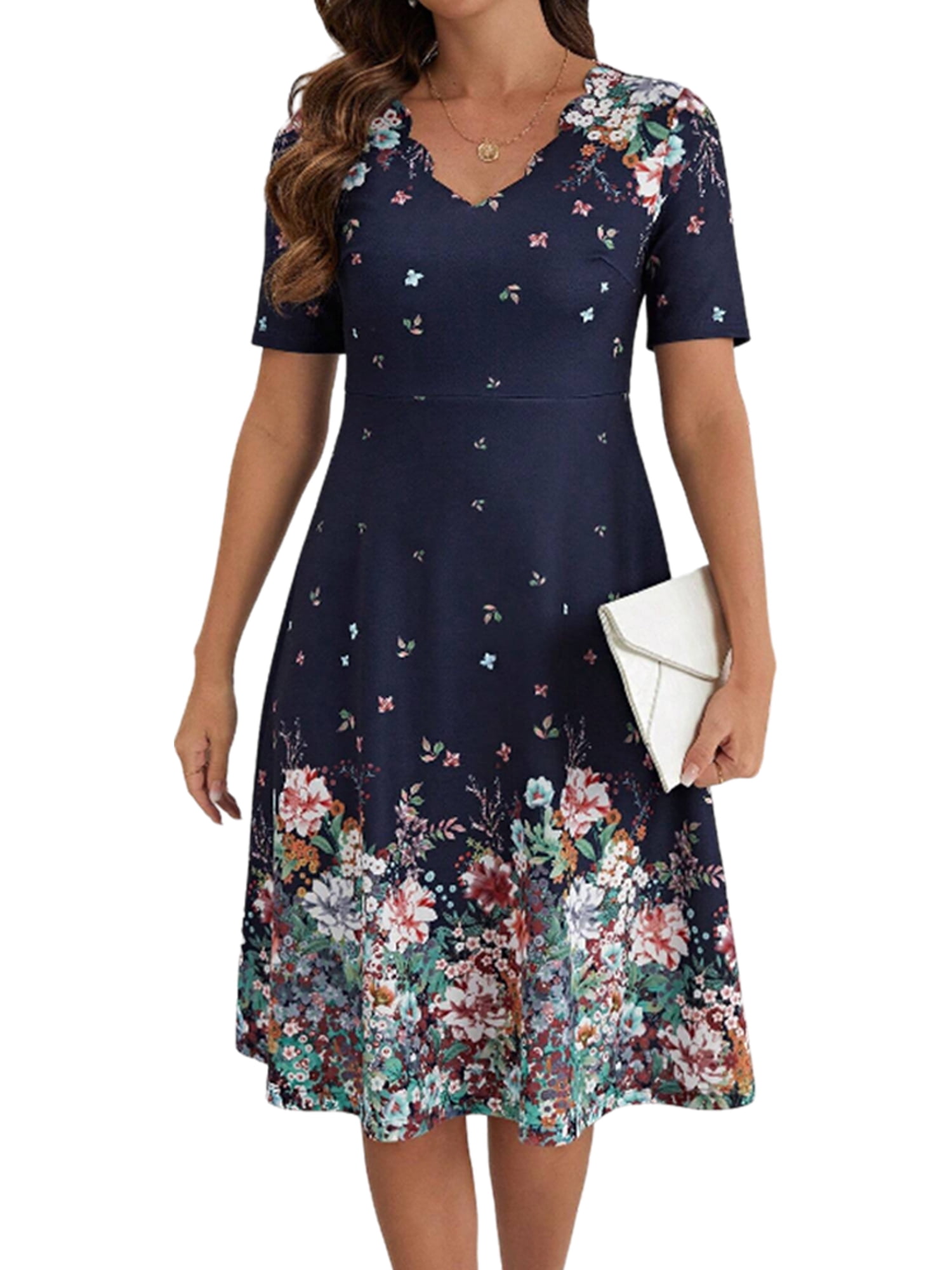 DYMADE Women Summer Floral Print V-Neck Short Sleeve Flared Fit Midi ...