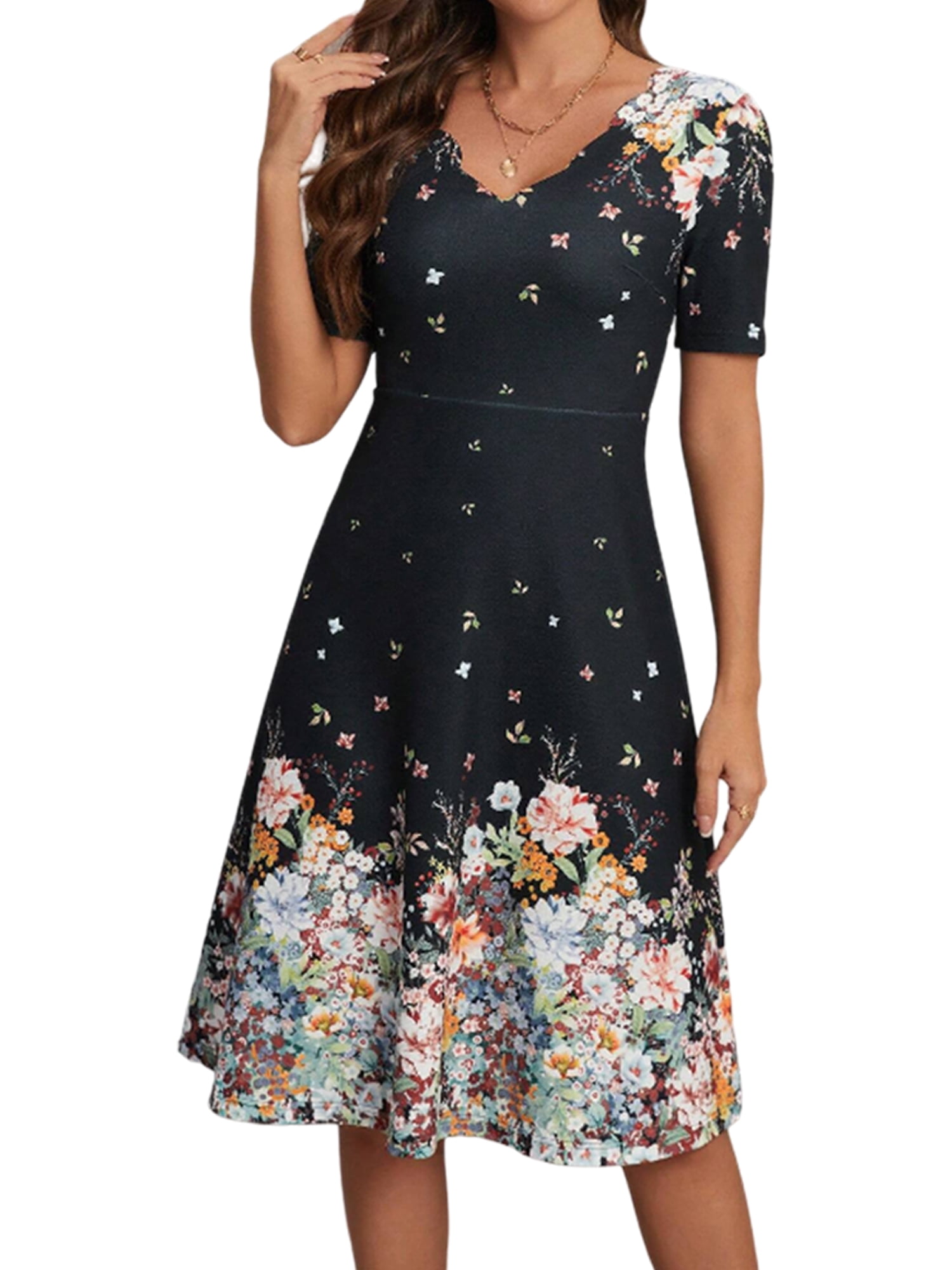 DYMADE Women Summer Floral Print V-Neck Short Sleeve Flared Fit Midi ...