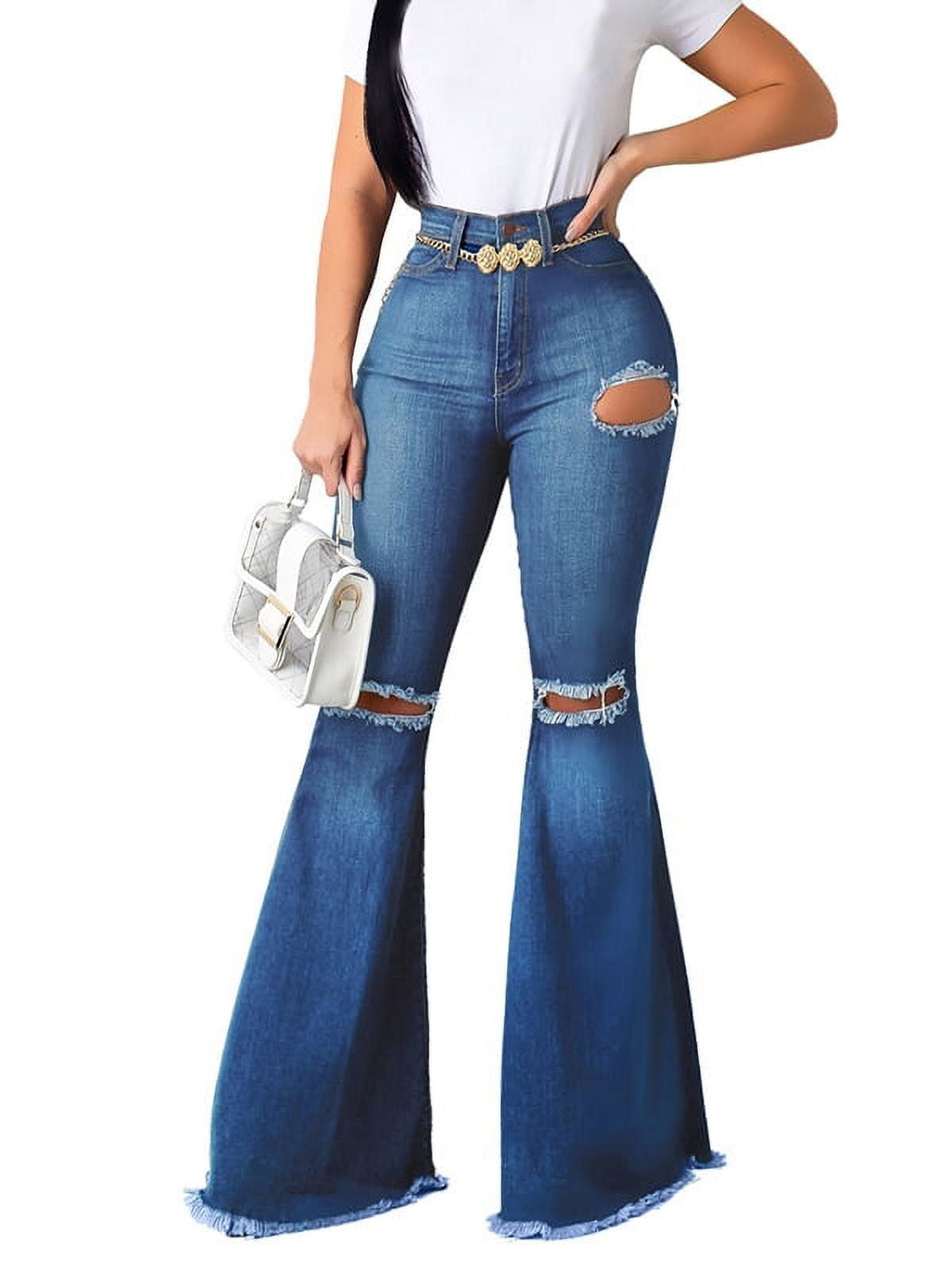 DYMADE Women's Classic Flare Jeans Bootcut Bell Bottom Flared Ripped ...