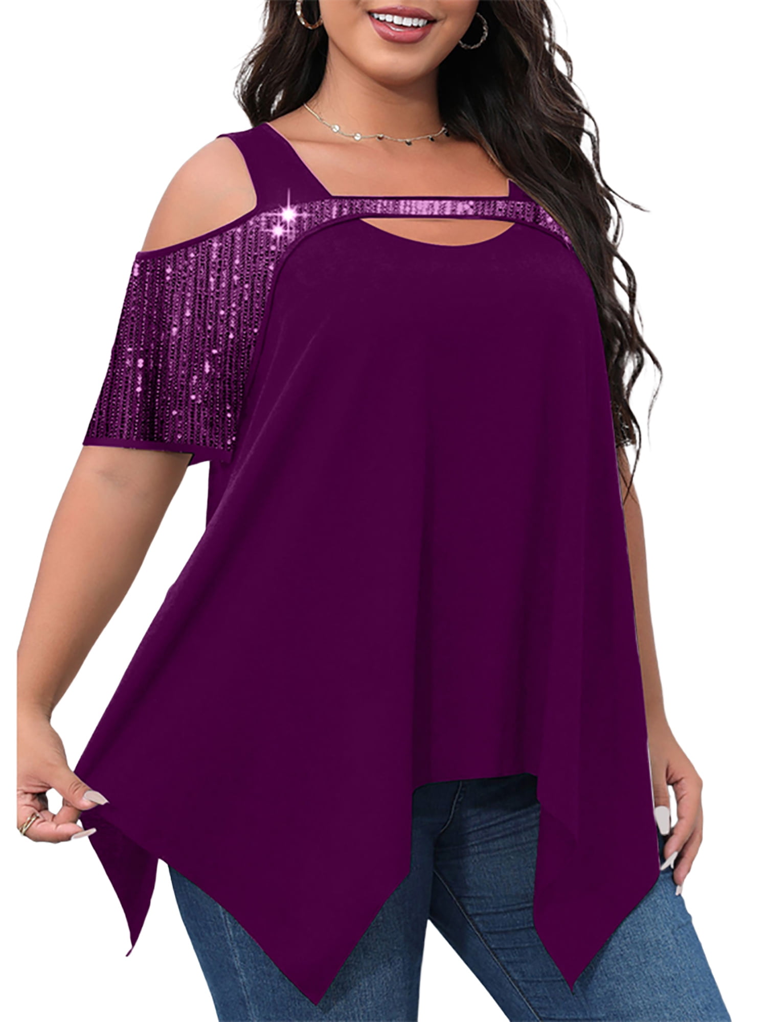 DYMADE Women's Plus Size Casual T-Shirs Sequins Cold Shoulder Short ...