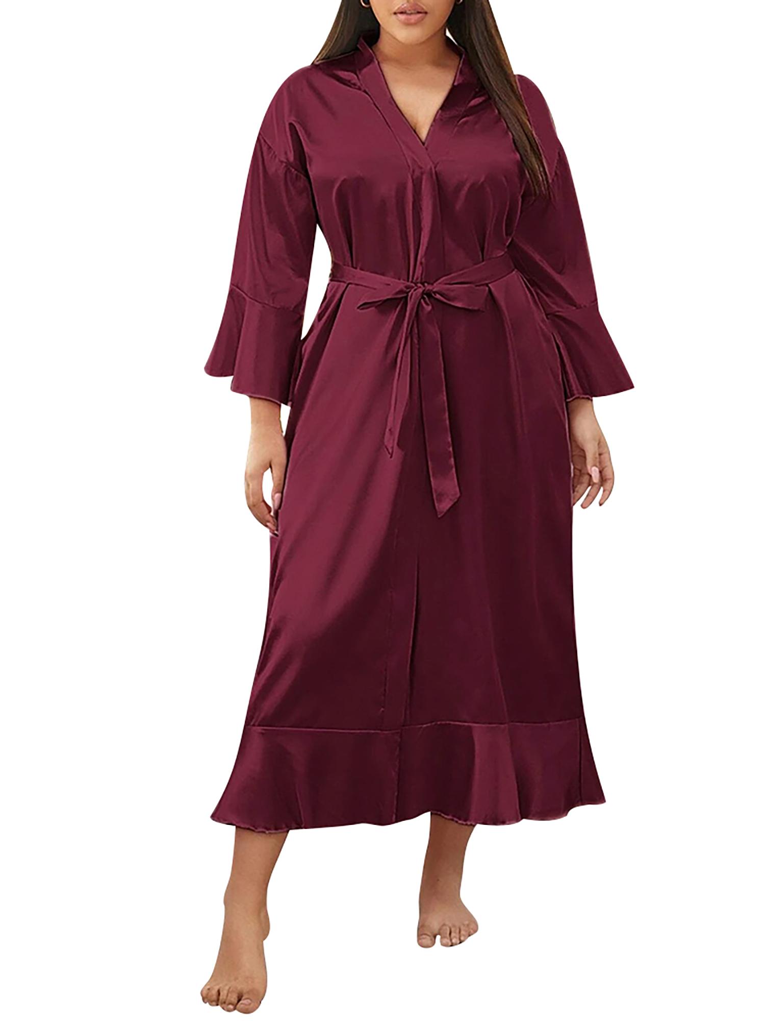 DYMADE Women's Plus Size Satin Lingerie Robe Kimono Nightgown Long ...