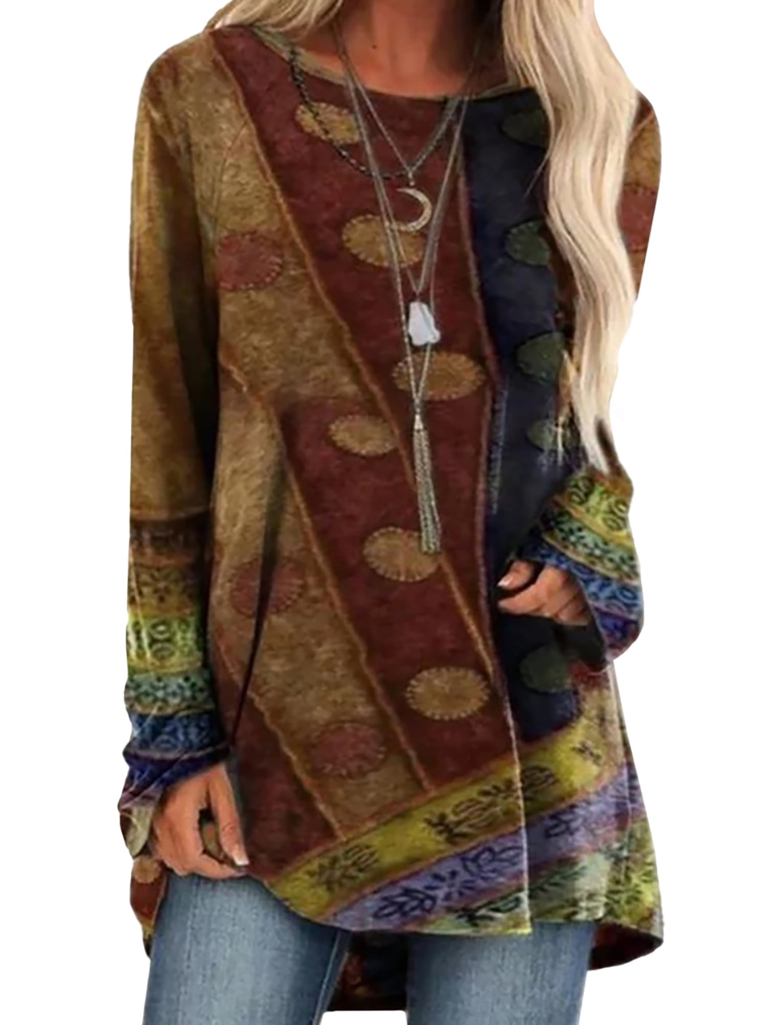 DYMADE Women's Round Neck Long Sleeve Ethnic Printed Flowy Tunics Top ...