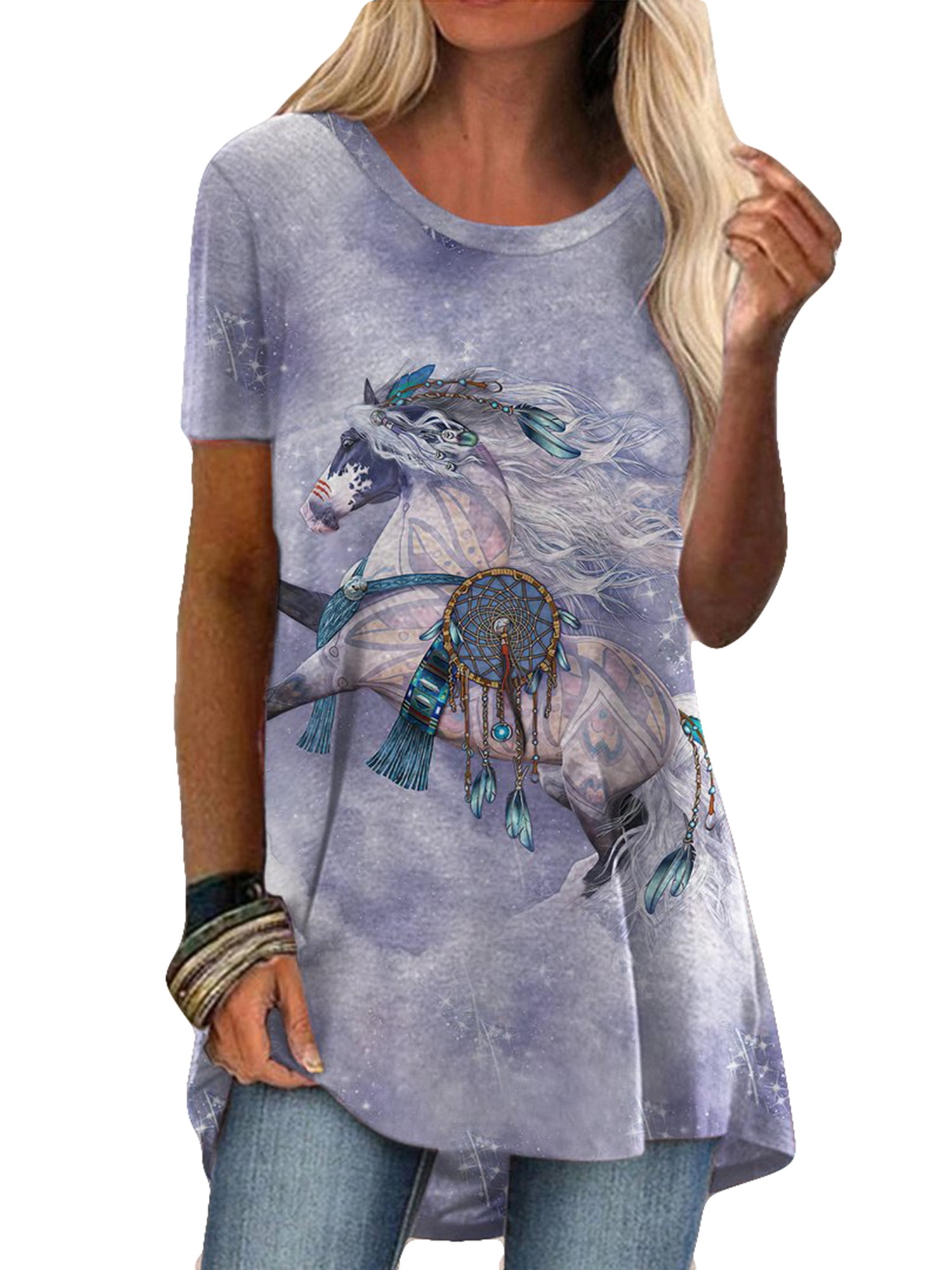 DYMADE Women's Short Sleeve Round Neck Printed Flowy Tunics Top ...