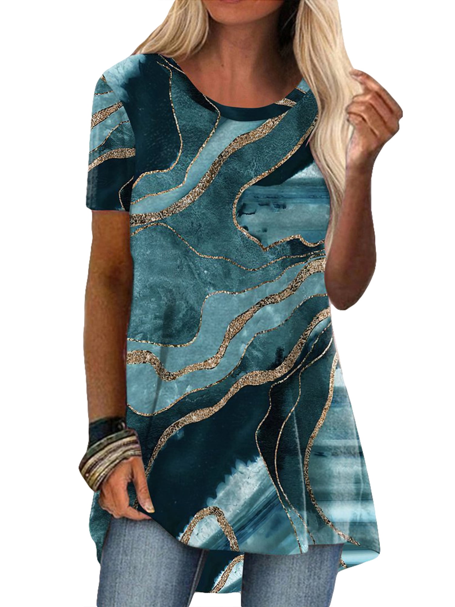 DYMADE Women's Short Sleeve Round Neck Printed Flowy Tunics Top ...