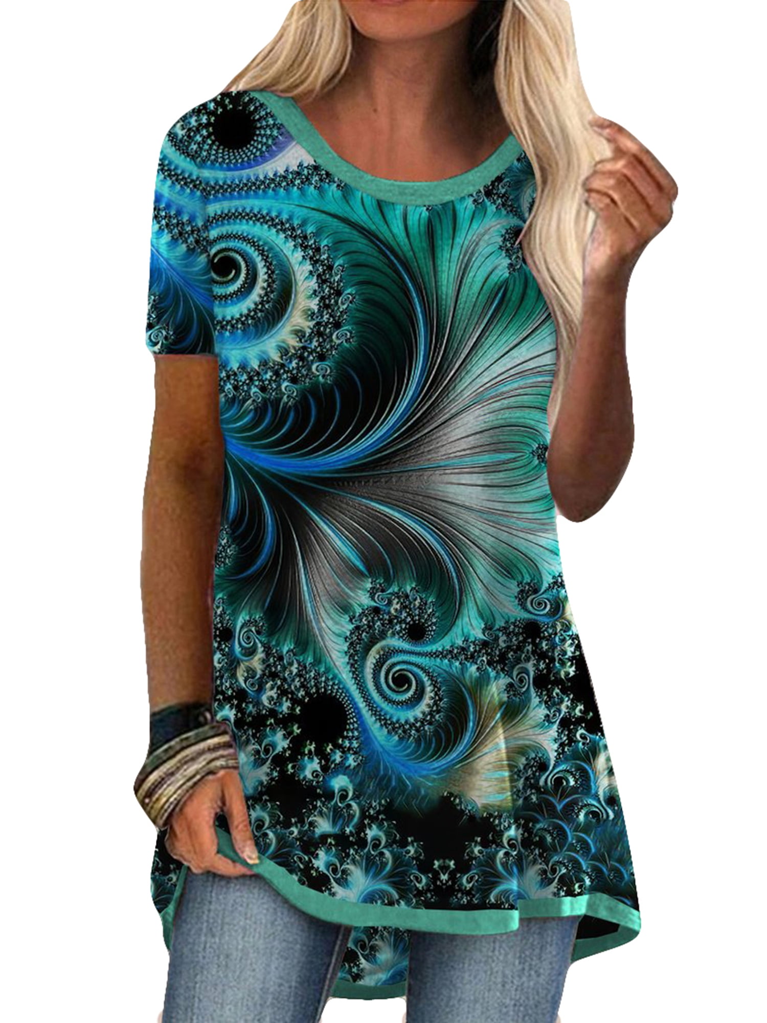 DYMADE Women's Short Sleeve Round Neck Printed Flowy Tunics Top ...