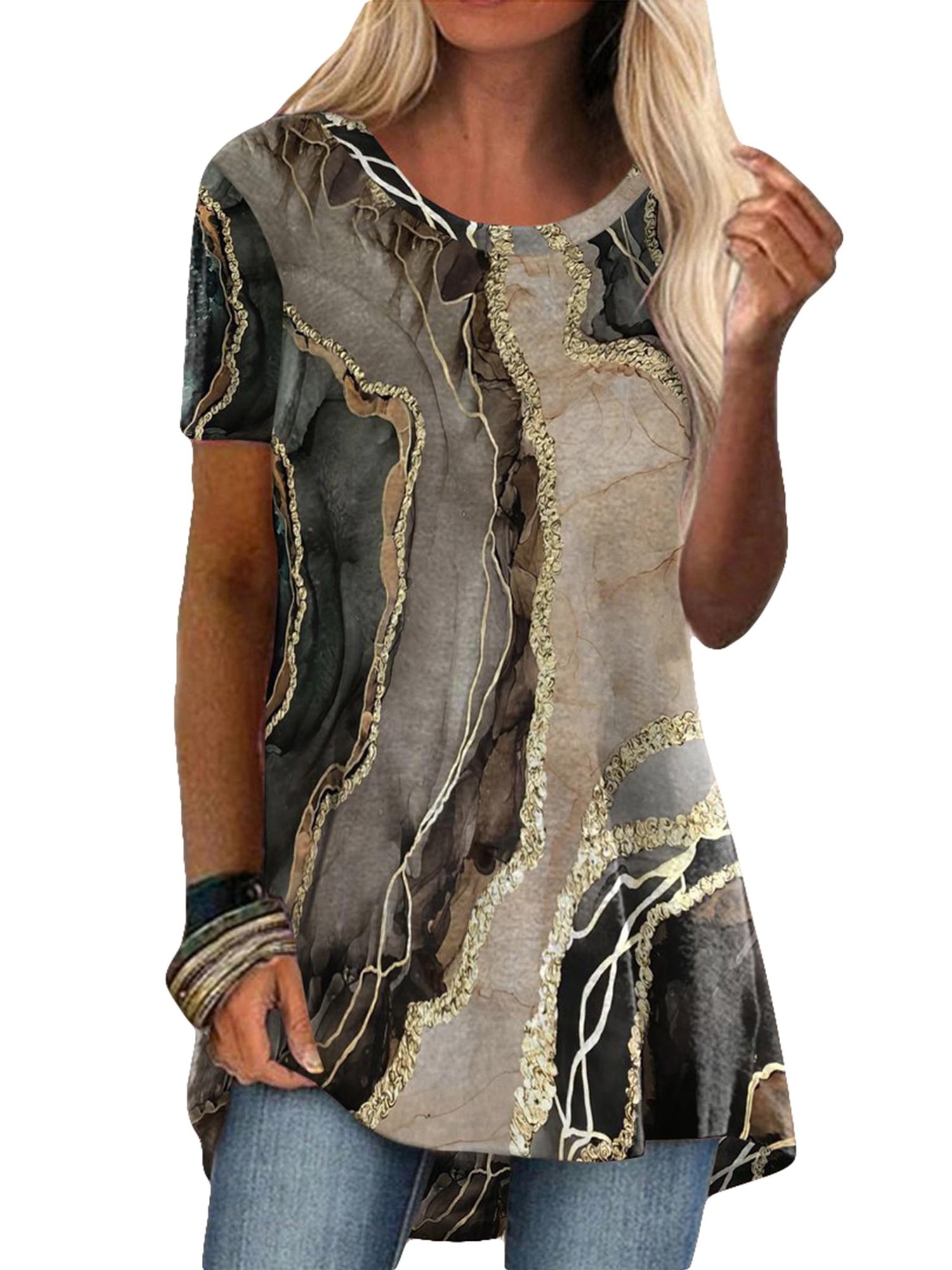 DYMADE Women's Summer Long Shirt, Short Sleeve Round Neck, Flowy Marble ...