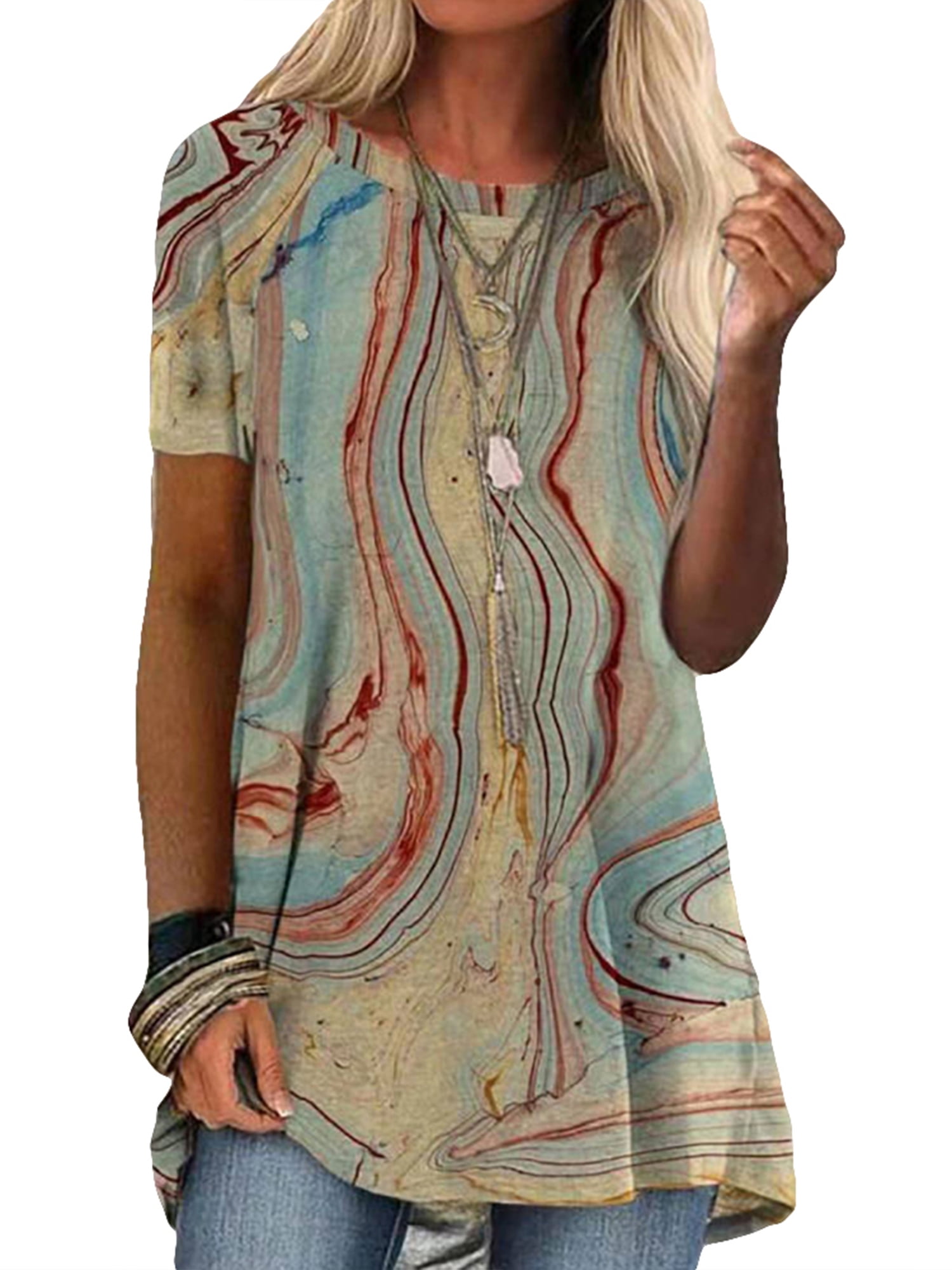 DYMADE Women's Short Sleeve Round Neck Printed Flowy Tunics Top ...
