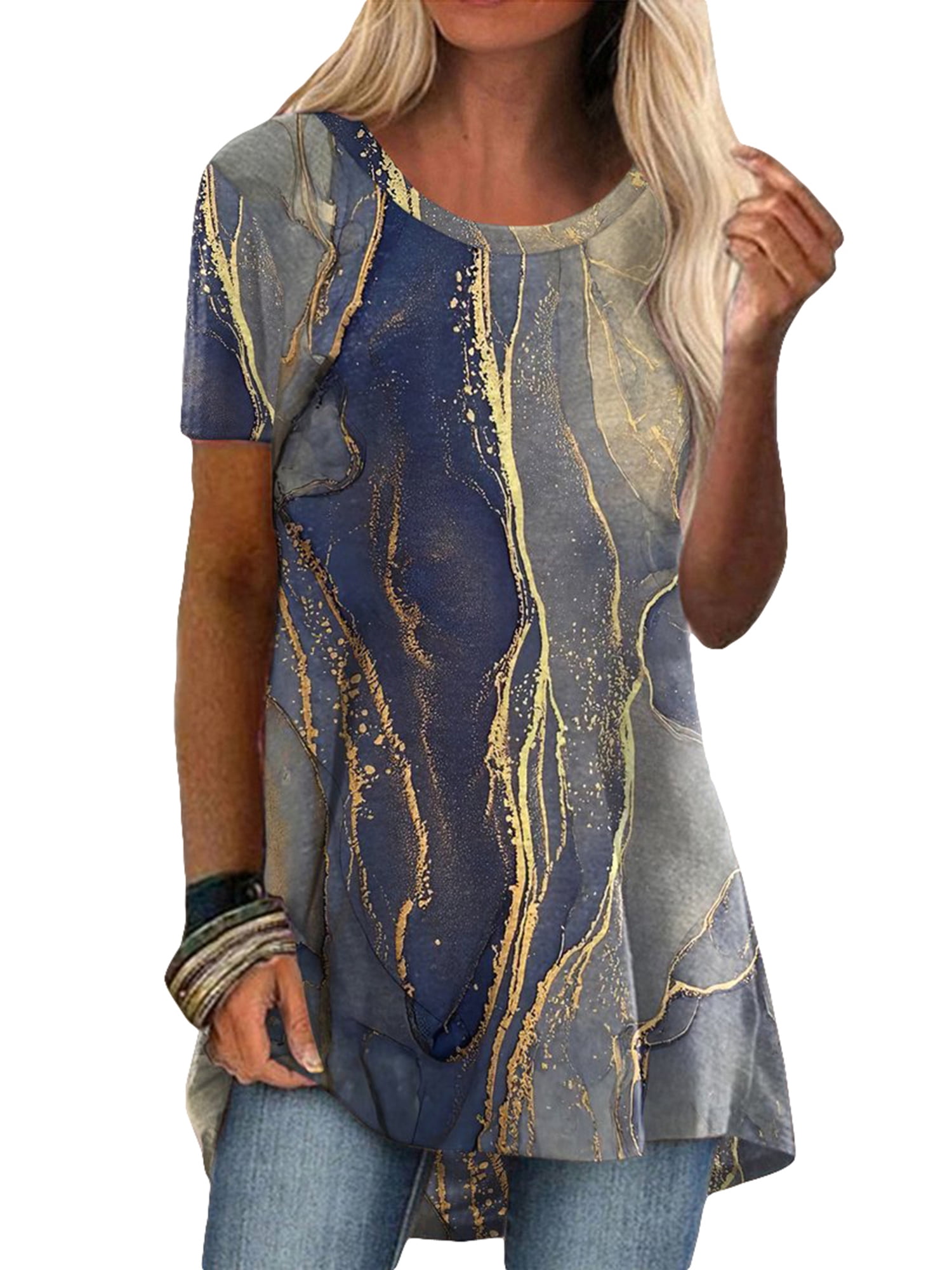 DYMADE Women's Short Sleeve Round Neck Printed Flowy Tunics Top ...