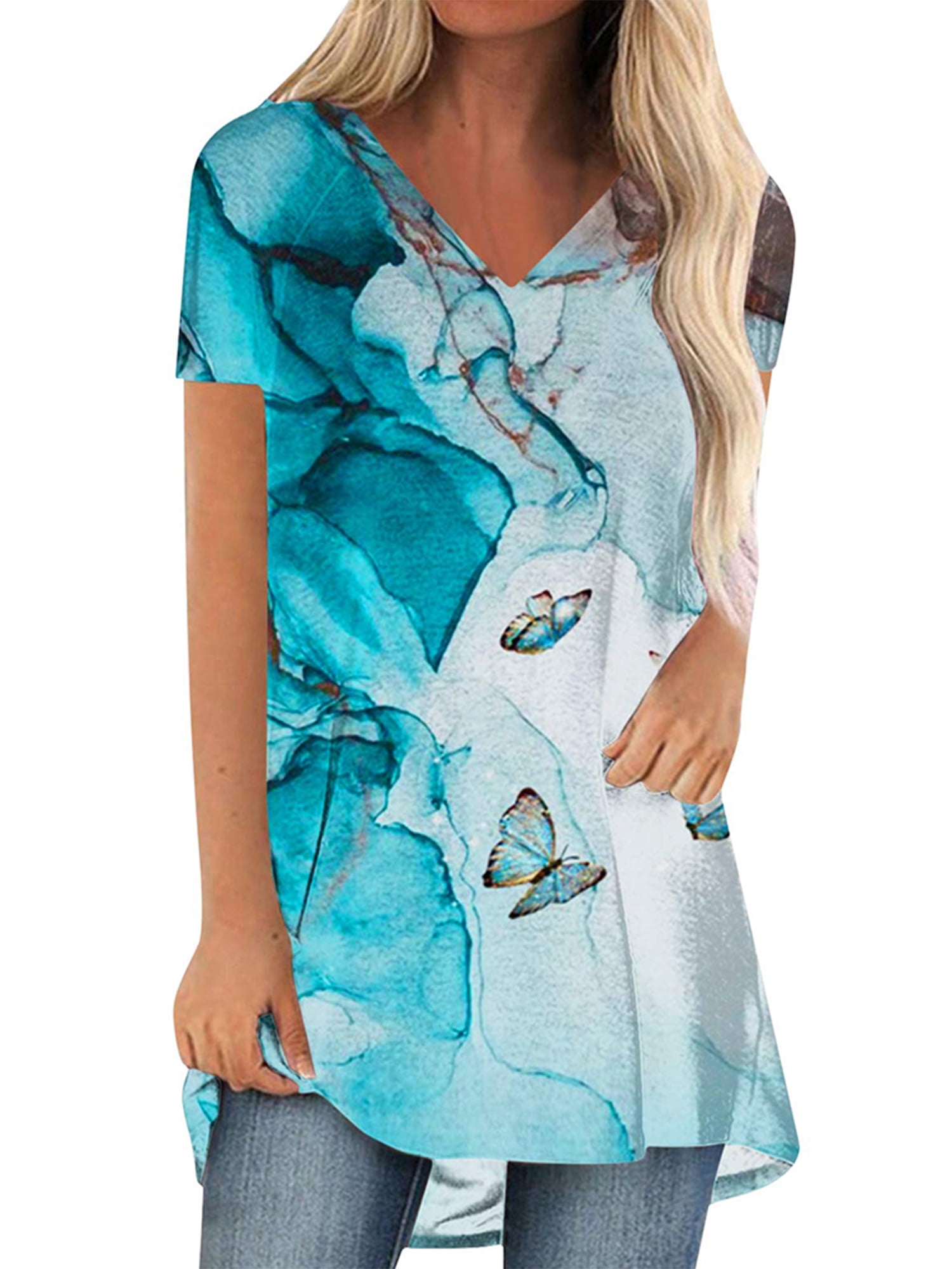 DYMADE Women's Short Sleeve V Neck Printed Flowy Tunics Top - Walmart.com