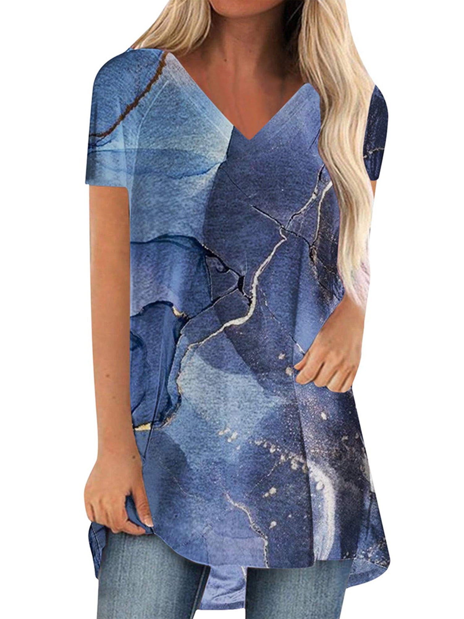 DYMADE Women's Short Sleeve V Neck Printed Flowy Tunics Top - Walmart.com