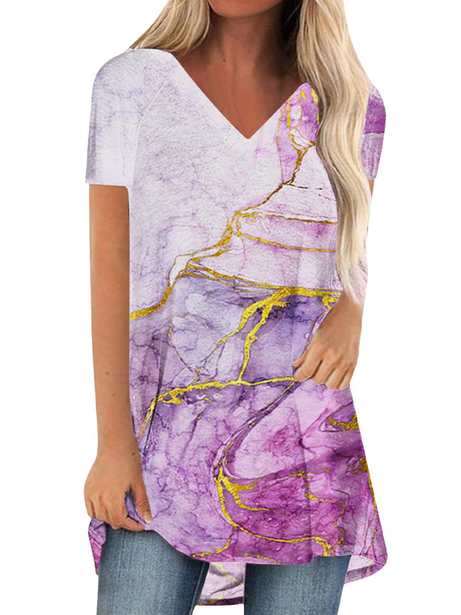 DYMADE Women's Short Sleeve V Neck Printed Flowy Tunics Top - Walmart.com