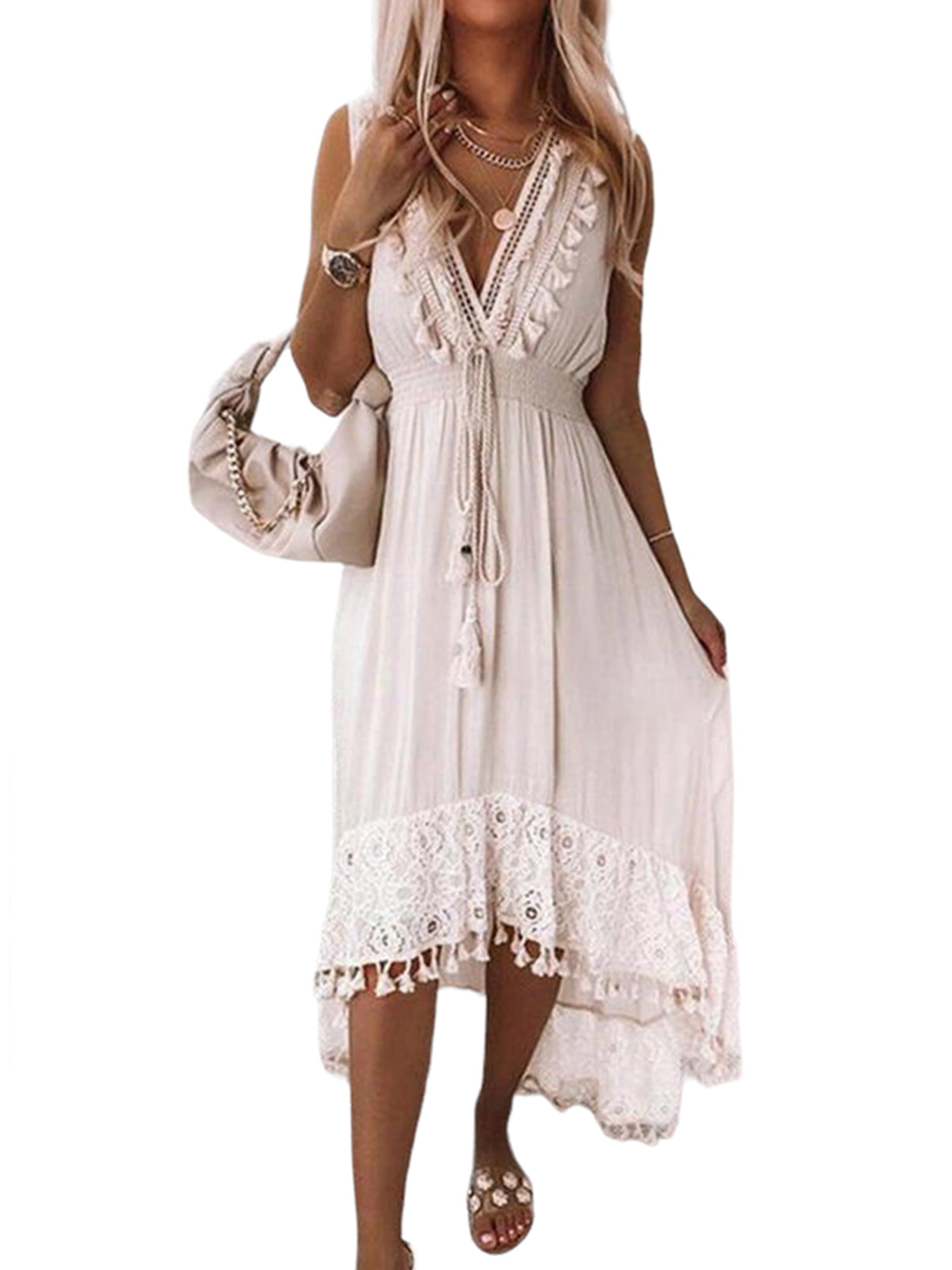 Dymade Womens Bohemian Dress Lace Deep V Neck Summer Beach Flowy Long