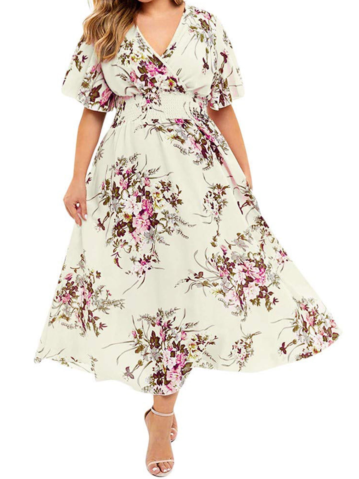 Dymade Womens Boho Floral Print Summer V Neck Short Sleeve Midi Dress
