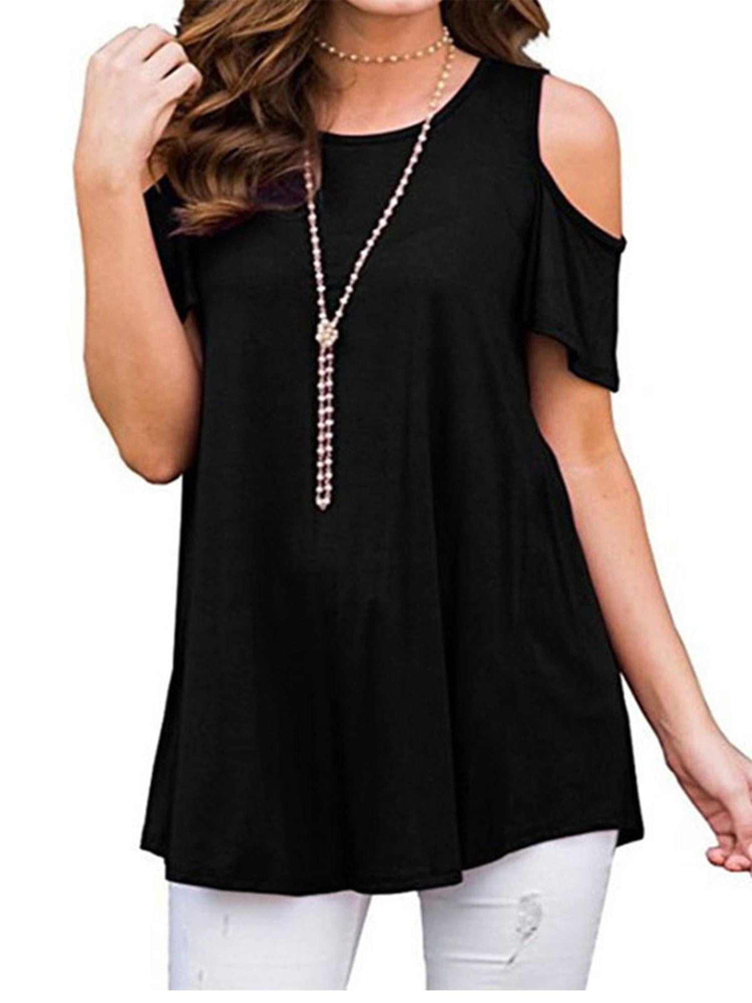 DYMADE Womens Casual Cold Shoulder Short Sleeve Flowy Tunic Tops ...