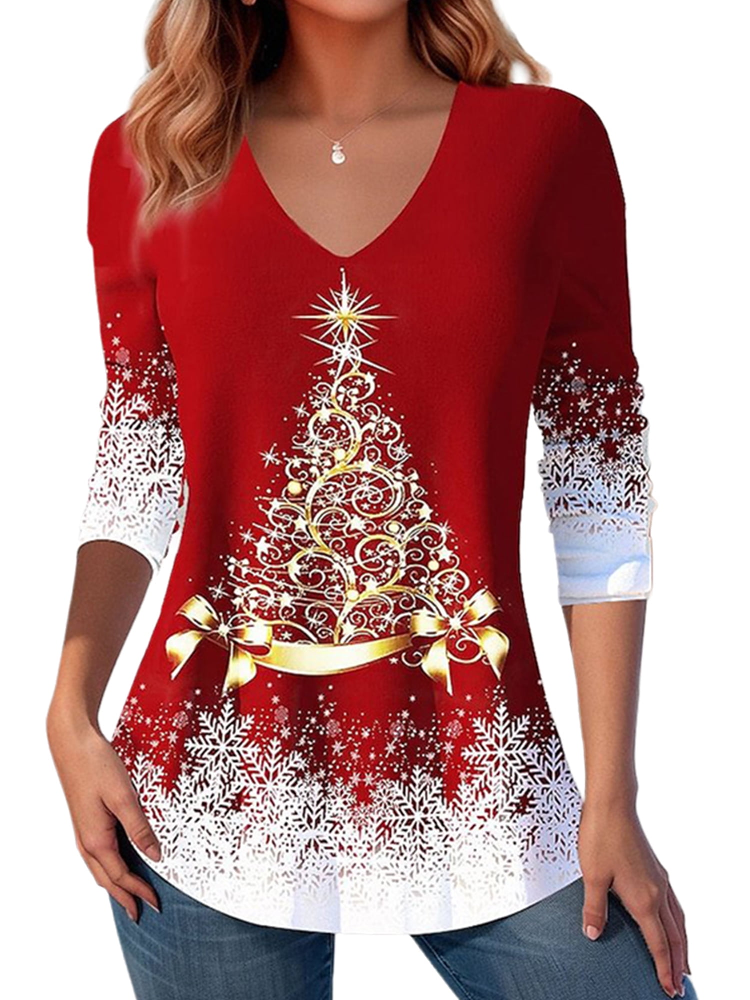 DYMADE Womens Christmas Xmas Tree Print Long Sleeve V-Neck Loose Tunic ...