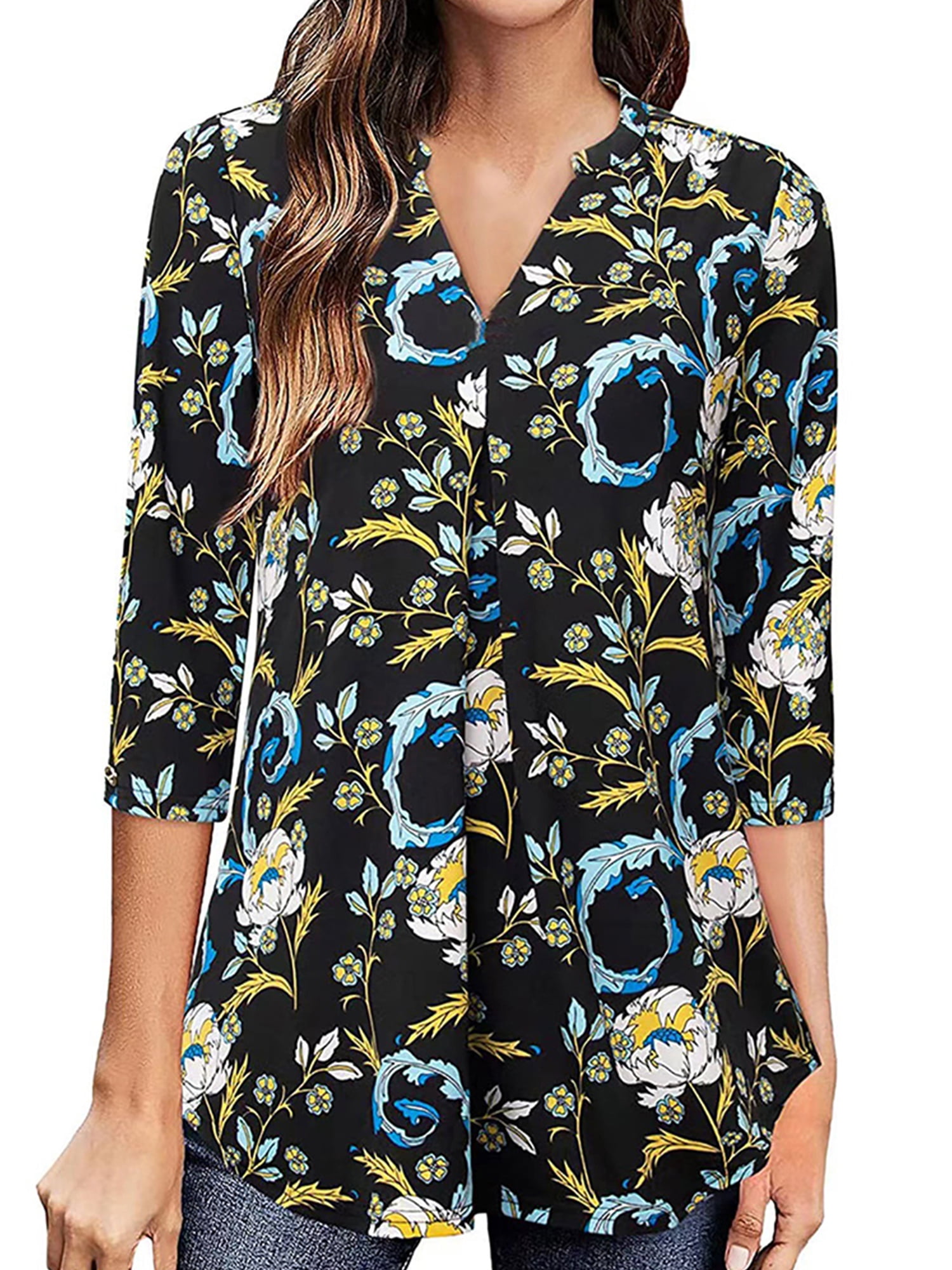 Dymade Womens Floral Print V Neck 3 4 Sleeve Relaxed Fit Pullover
