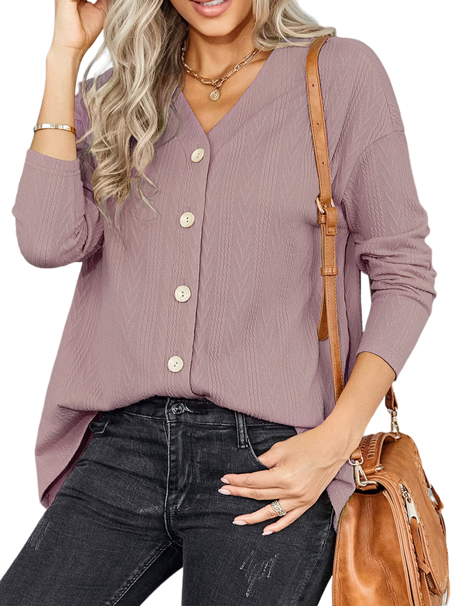 DYMADE Womens Open Front Long Sleeve Blouse Buttons Down Loose Cardigan ...
