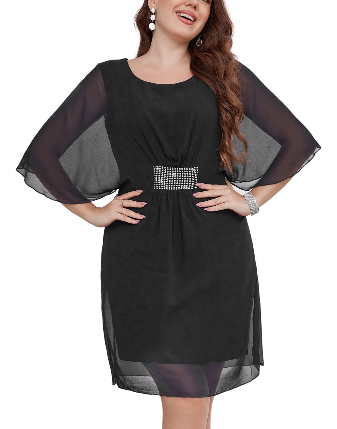 DYMADE Womens Party Cocktail Ball Gown Chiffon Half Sleeve Round Neck ...