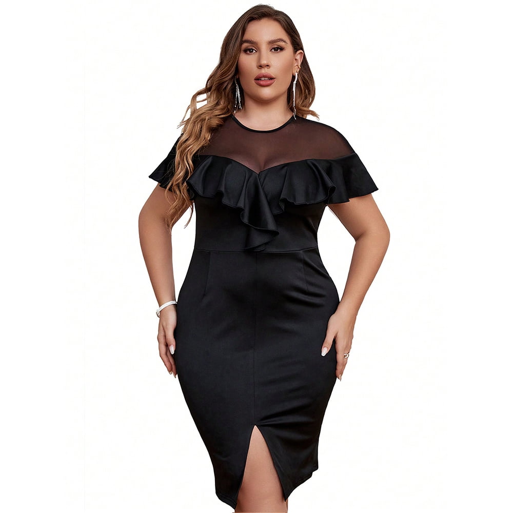 DYMADE Womens Party Cocktail Ball Gown Short Sleeve Ruffle Slim Bodycon ...