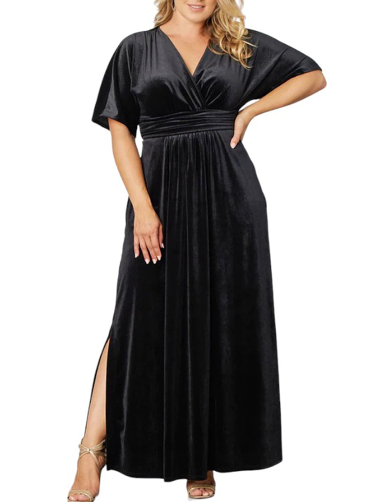 DYMADE Womens Party Cocktail Ball Gown V-Neck Short Sleeve Pleated Maxi ...