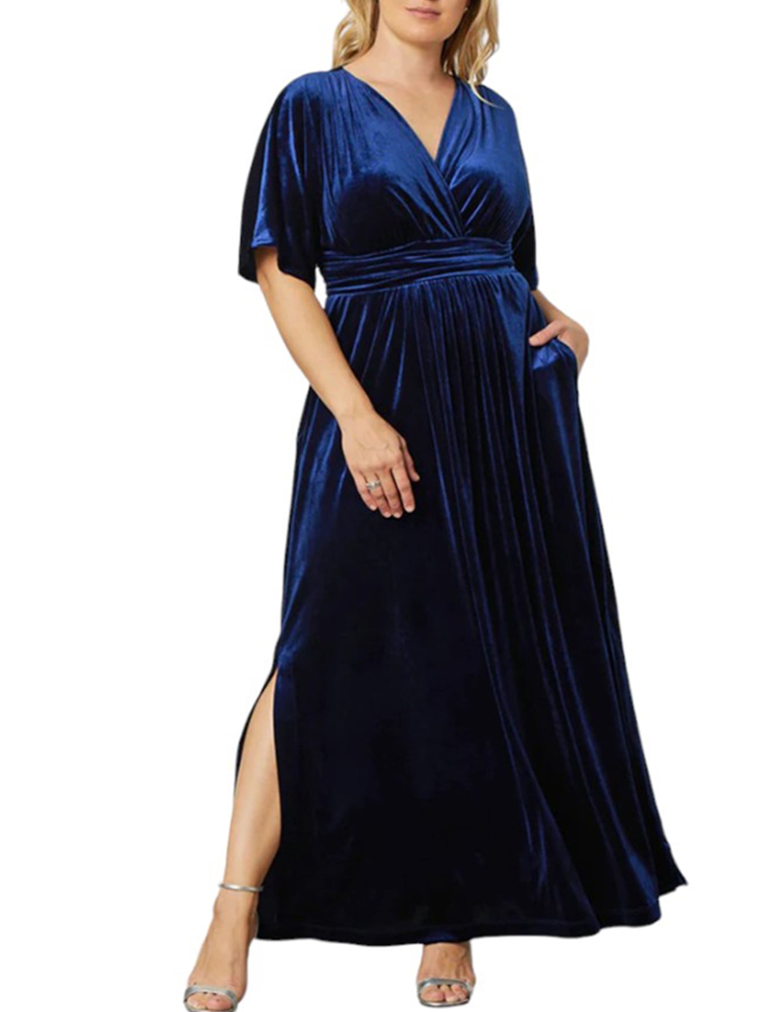 DYMADE Womens Party Cocktail Ball Gown V-Neck Short Sleeve Pleated Maxi ...