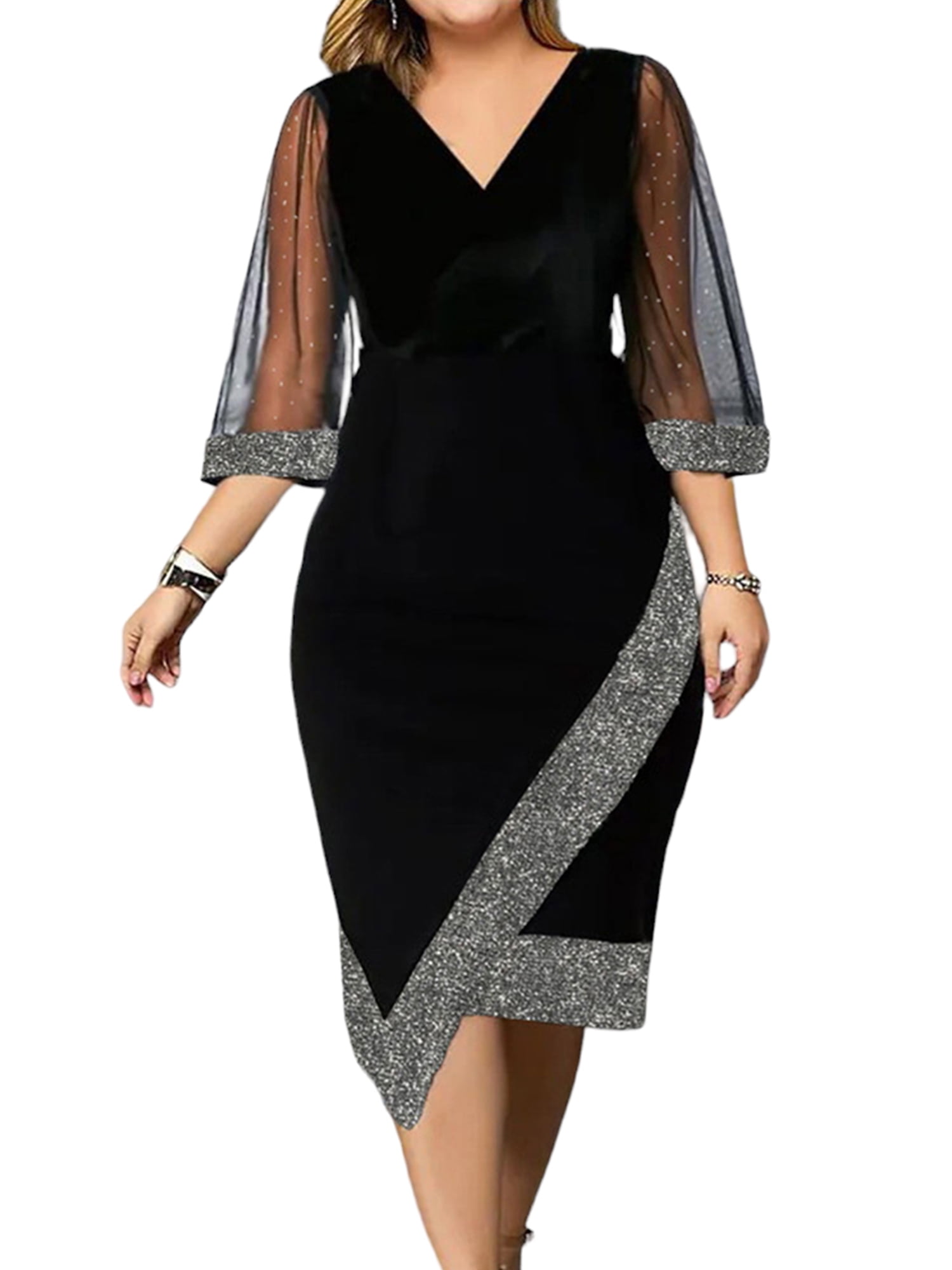DYMADE Womens Party Cocktail Ball Gown Velvet Lace Sheer Half Sleeve V ...