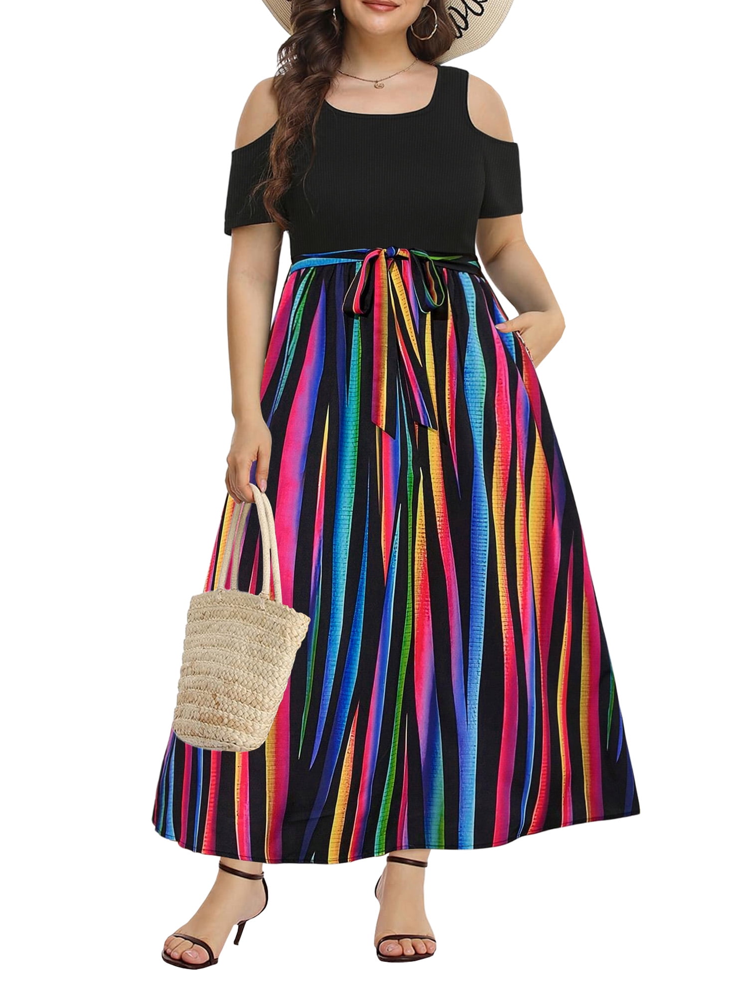 DYMADE Womens Plus Size Boho Maxi Dress - Striped Cold Shoulder Flowy ...