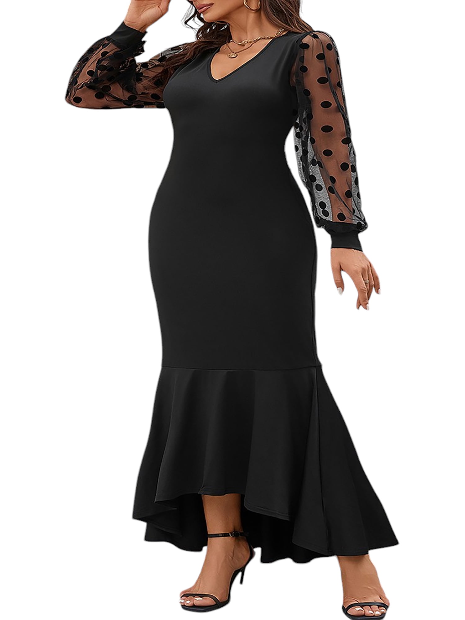 DYMADE Womens Plus Size Dresses Mesh Long Sleeve V-Neck Slim Party ...