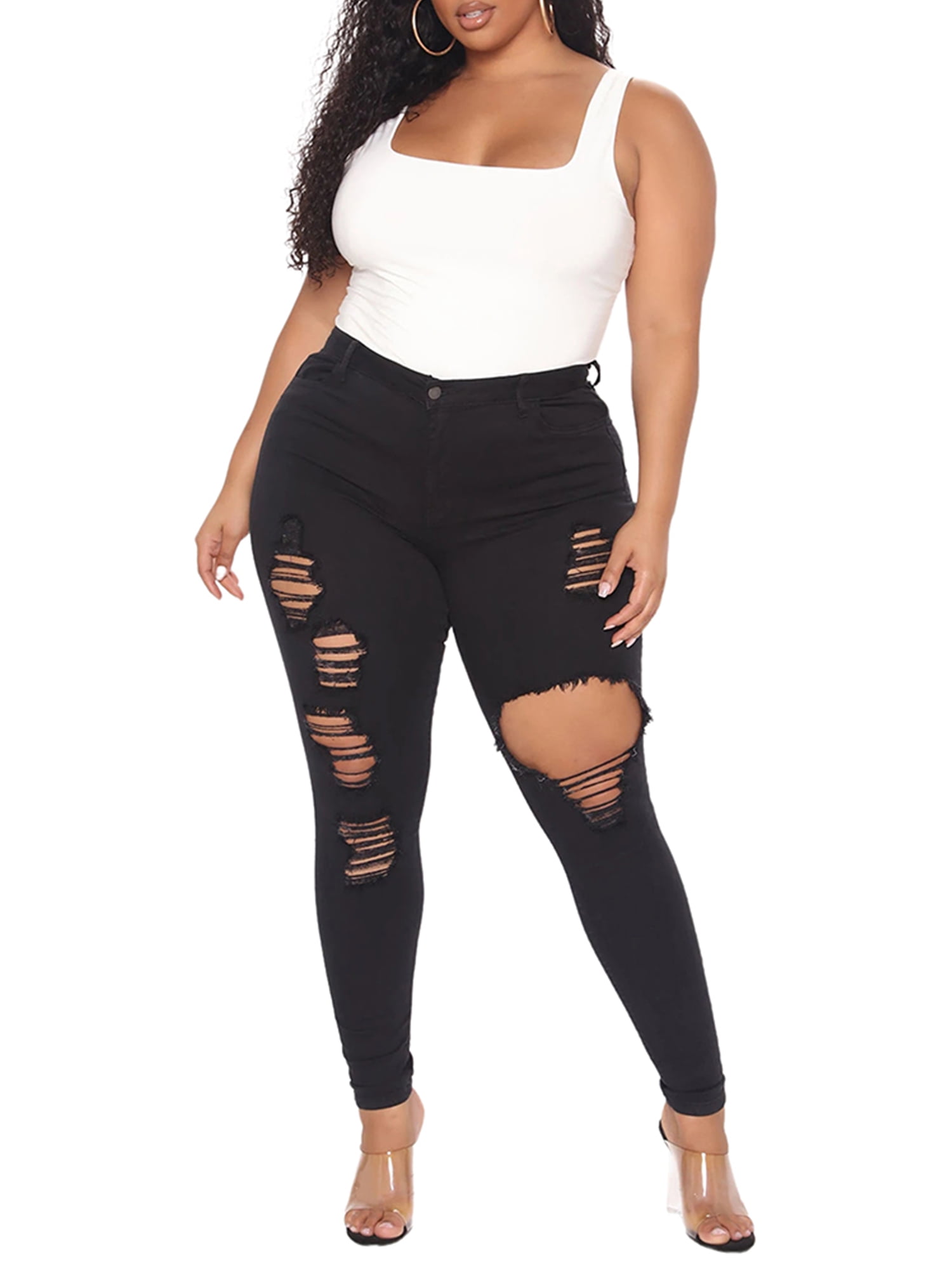 DYMADE Womens Plus Size High Waist Solid Color Slim Fit Denim ...