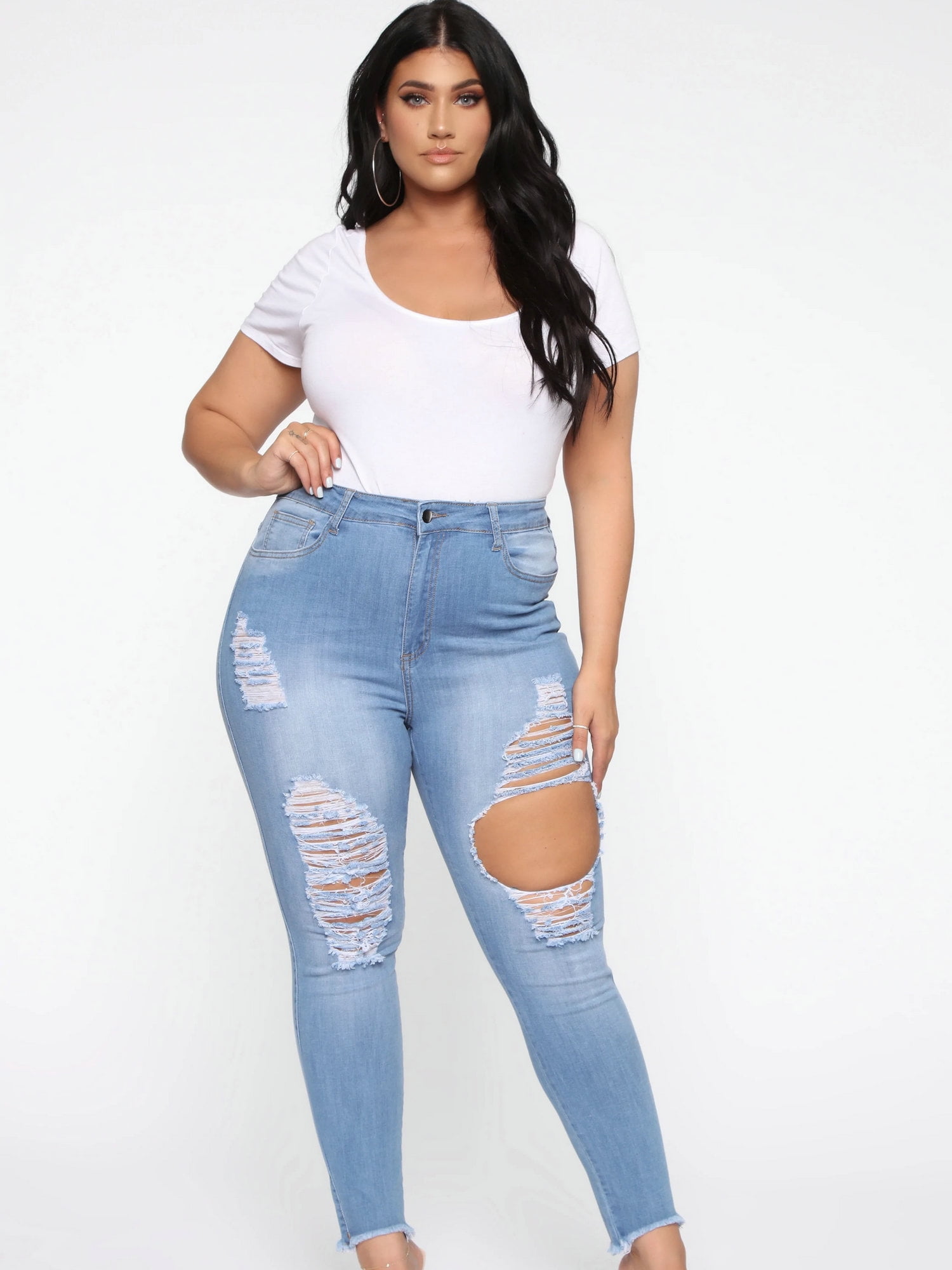 DYMADE Womens Plus Size Solid Color Slim Fit Hole Bagi Curve Destructed Ripped Jeans - Walmart.com