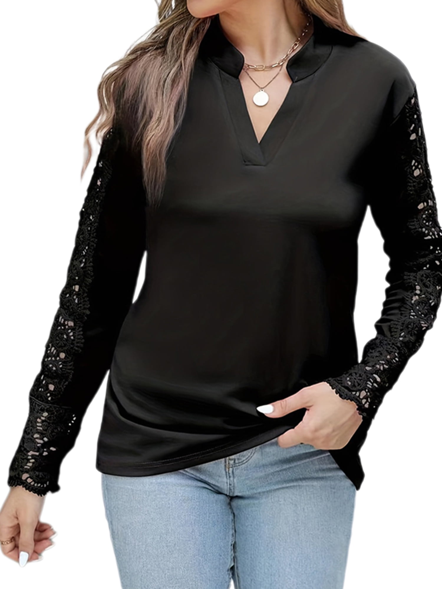 Dymade Womens Spring Autumn Leisure Long Sleeve V Neck Solid Color Lace