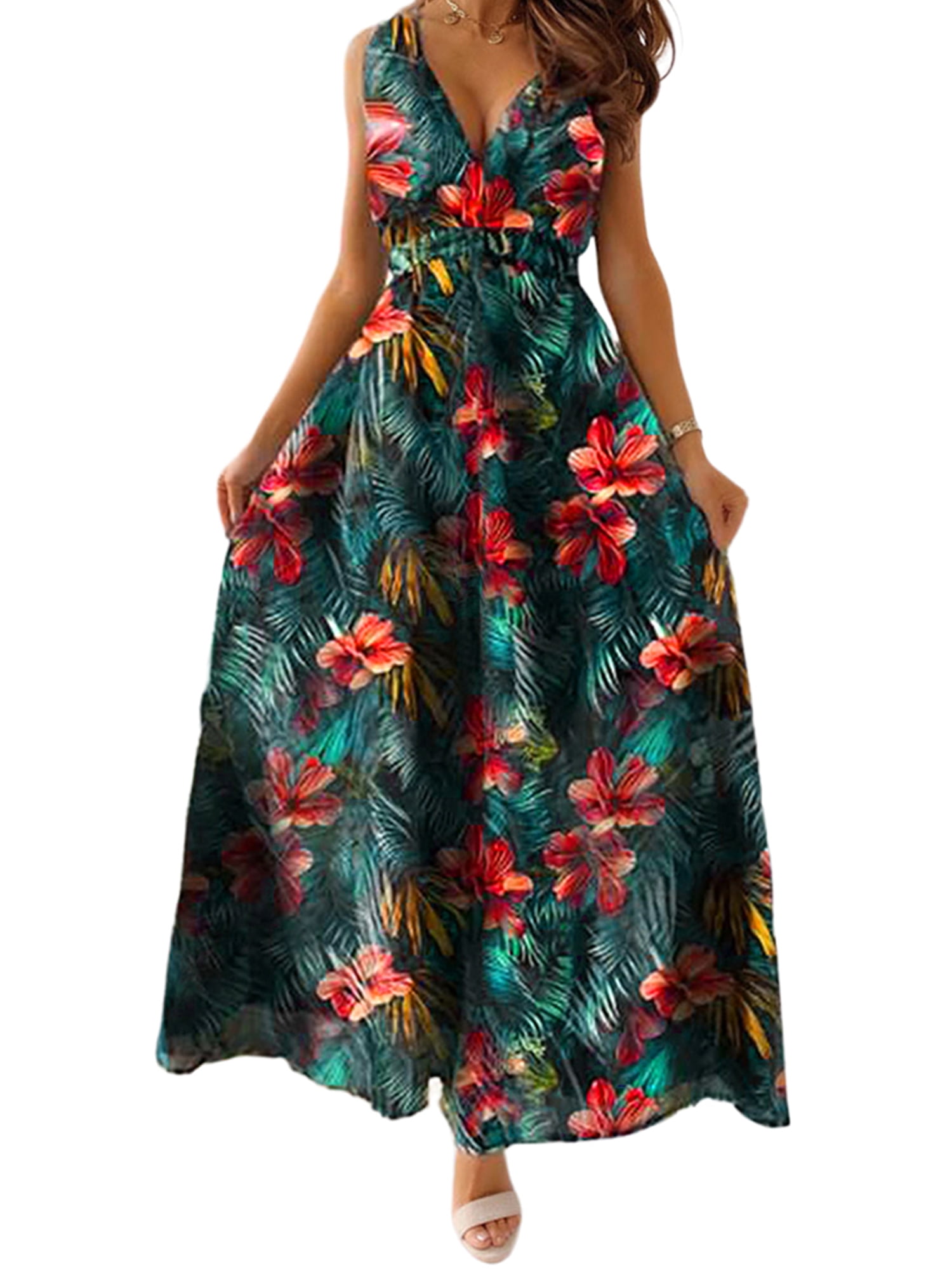 Dymade Womens Summer Bohemia Floral Print V Neck Sleeveless Draw String