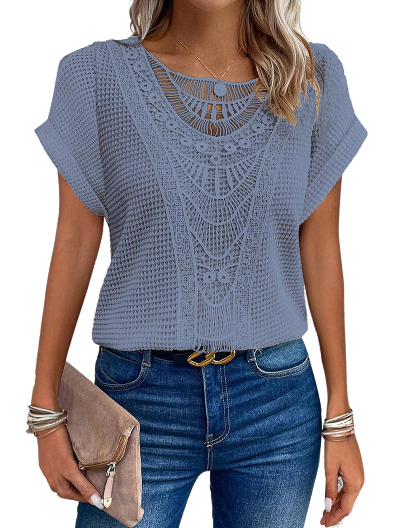 DYMADE Womens Summer Breathable Solid Round Neck Short Sleeve Hollow ...