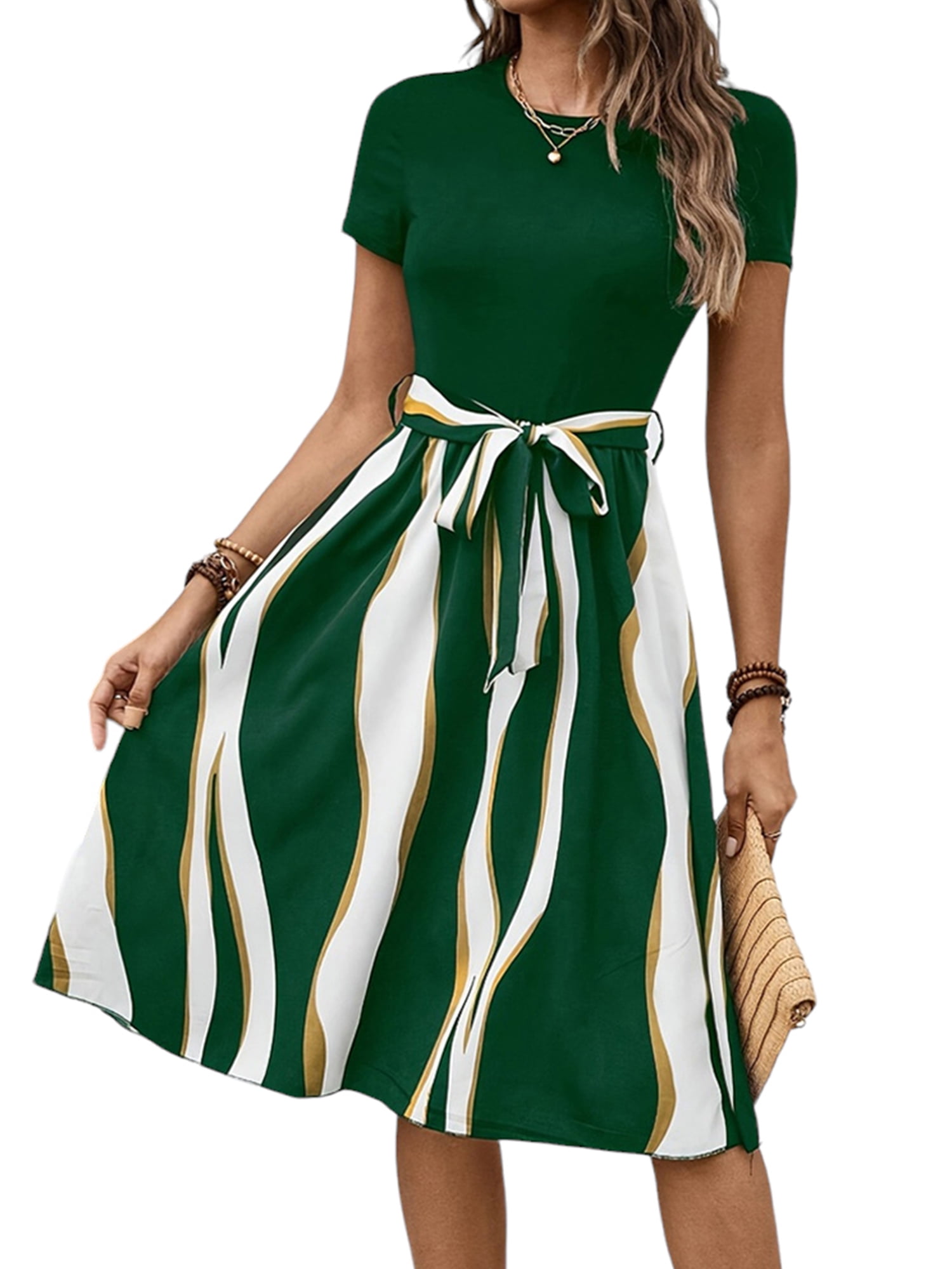 DYMADE Womens Summer Colorblock Round Neck Short Sleeve Belted Fit ...