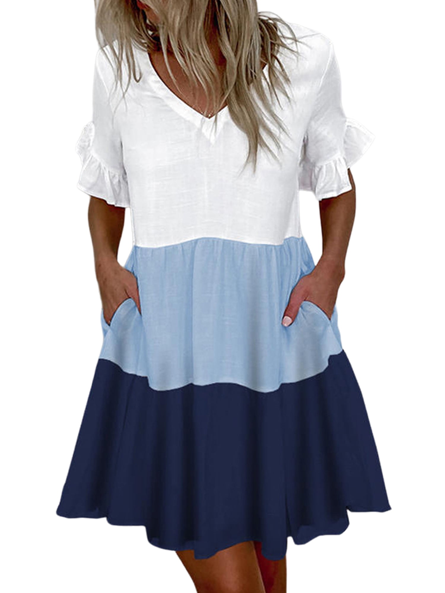 DYMADE Womens Summer Half Sleeve V-Neck Colorblock Loose Waist Ruffle A ...