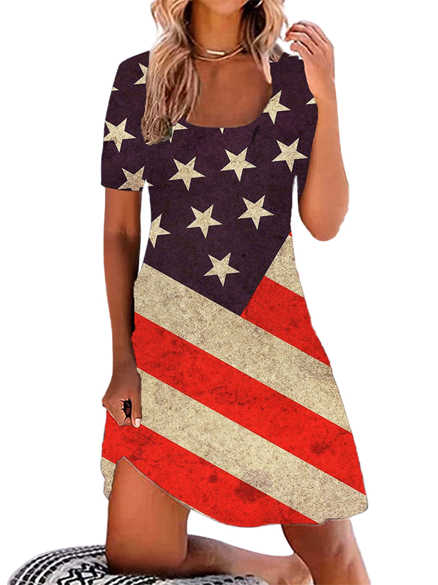 DYMADE Womens Summer Short Sleeve Dress Independence Day American Flag ...