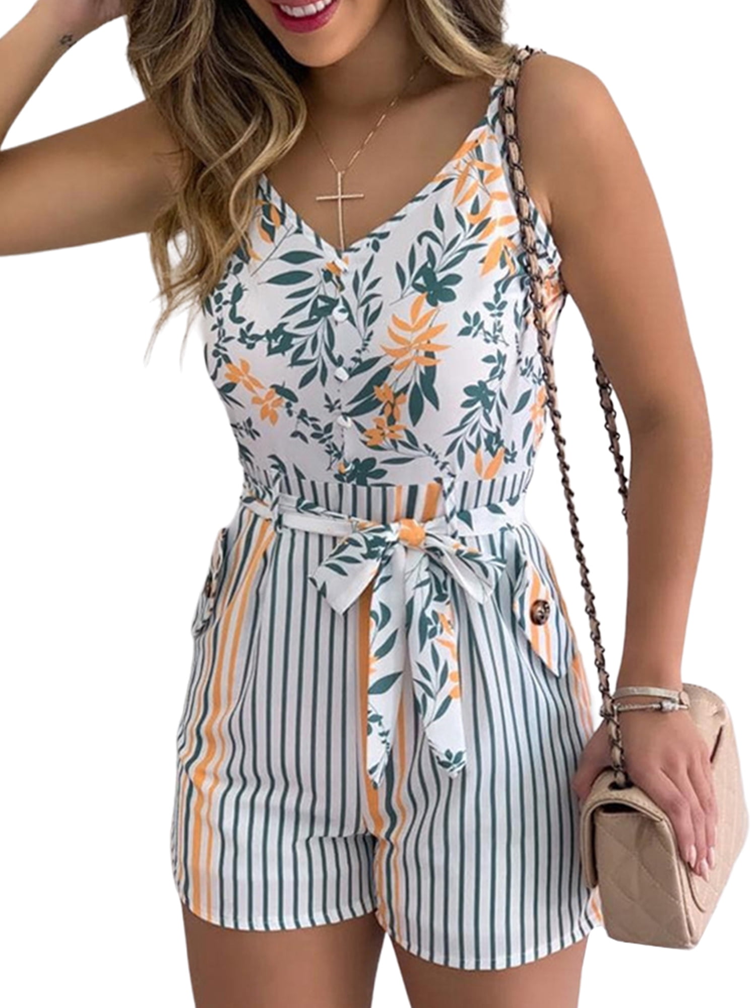 DYMADE Womens Summer Sleeveless Pockets Belt One-Piece Jumpsuit Shorts ... DYMADE Womens Summer Sleeveless Pockets Belt One-Piece Jumpsuit Shorts ...