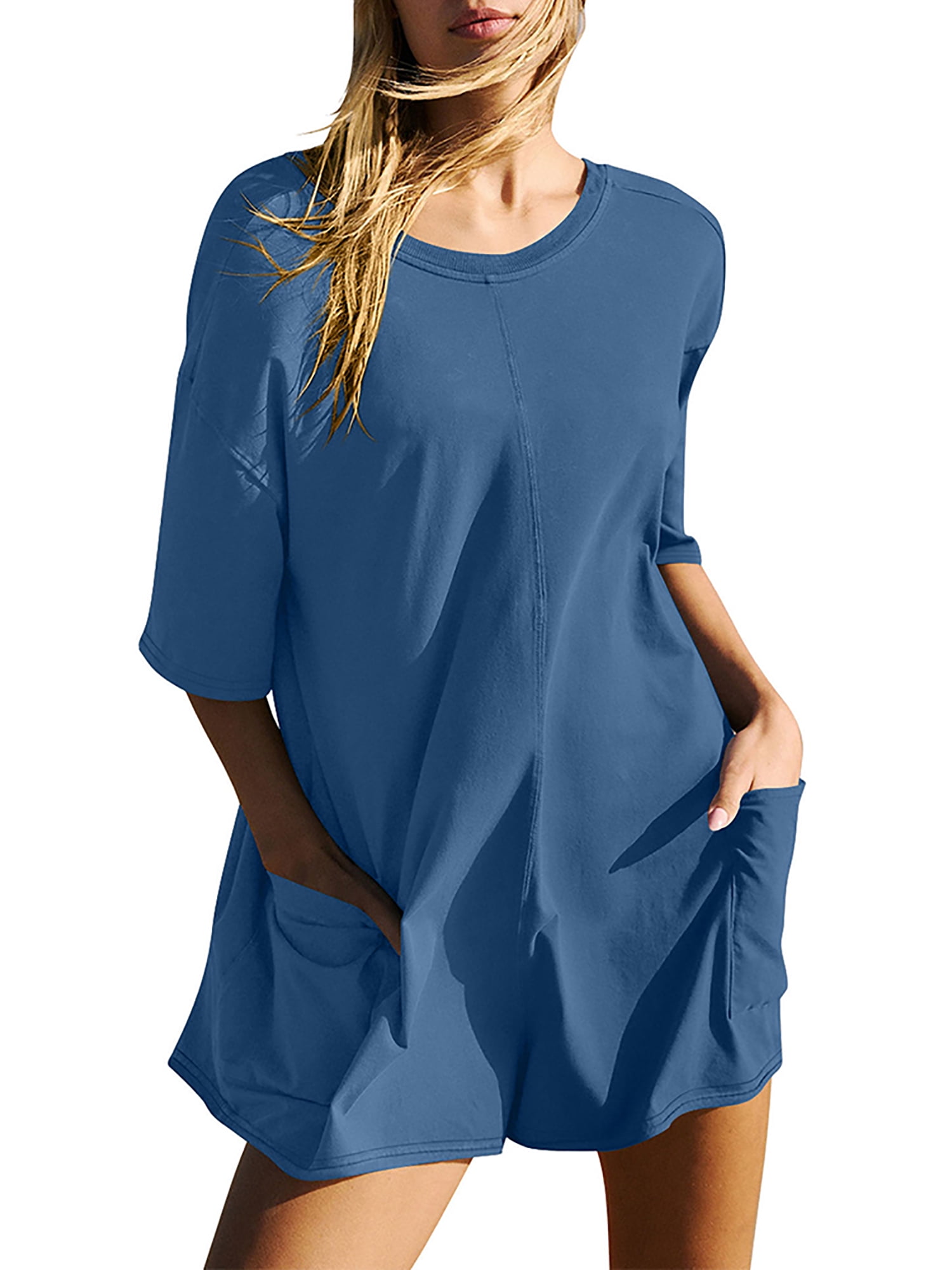 DYMADE Womens Summer Solid Short Sleeve Backless Pockets One-Piece ...