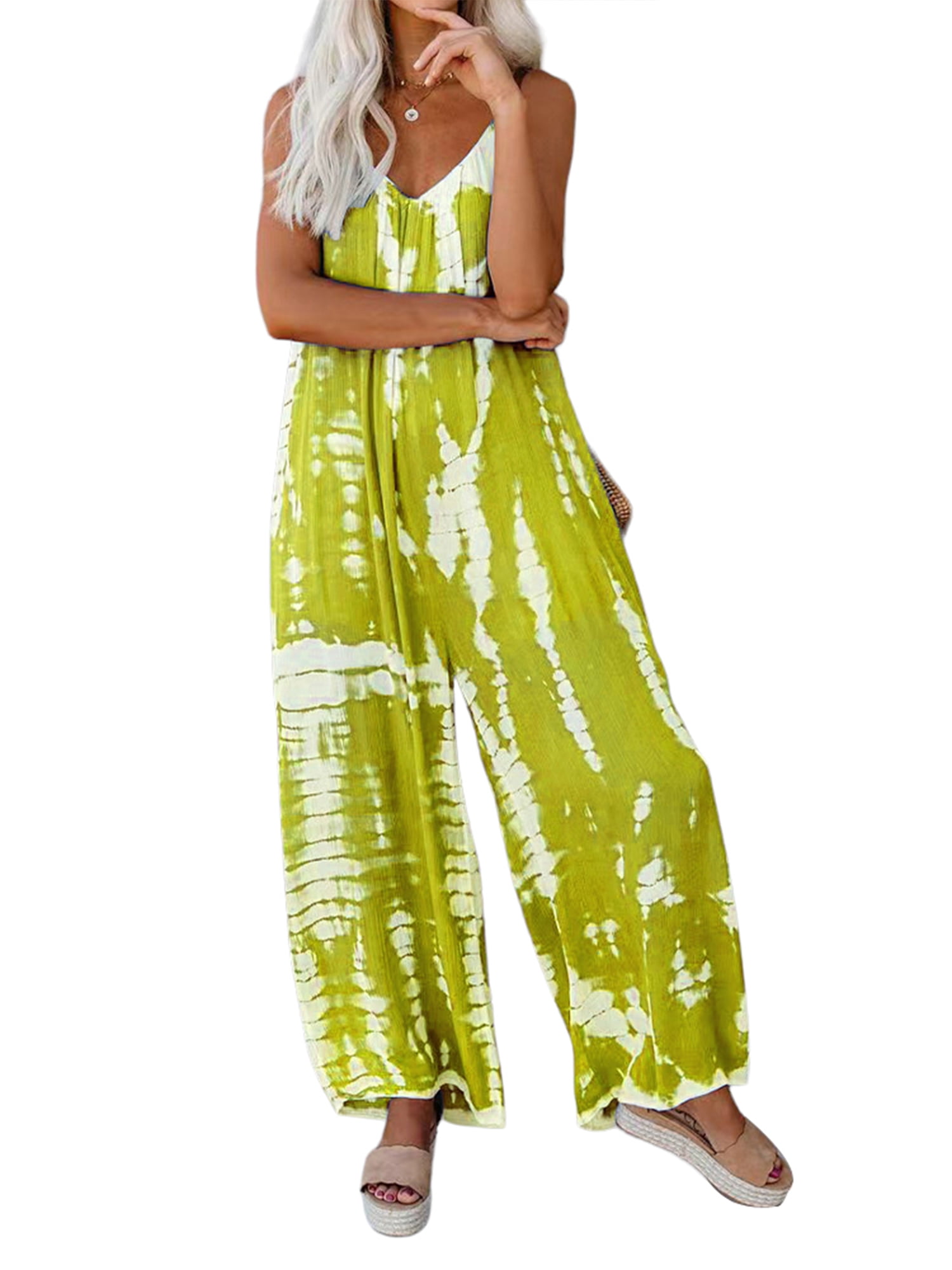 DYMADE Womens Summer Thin Cotton Linen Dungarees Playsuit Elastic Waist ...