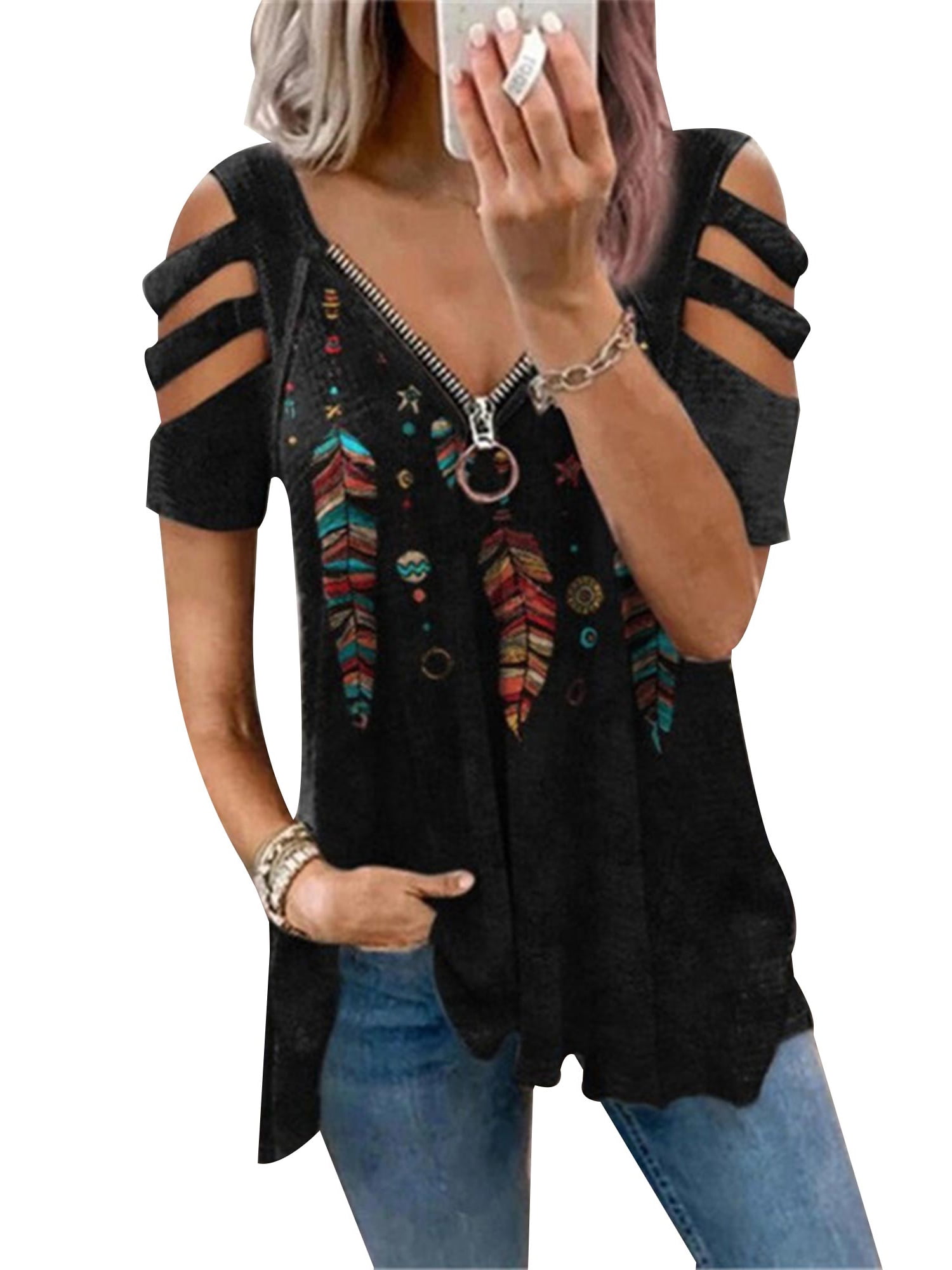 DYMADE Womens Zipper Top Cold Shoulder Short Sleeve Female Blouse ...