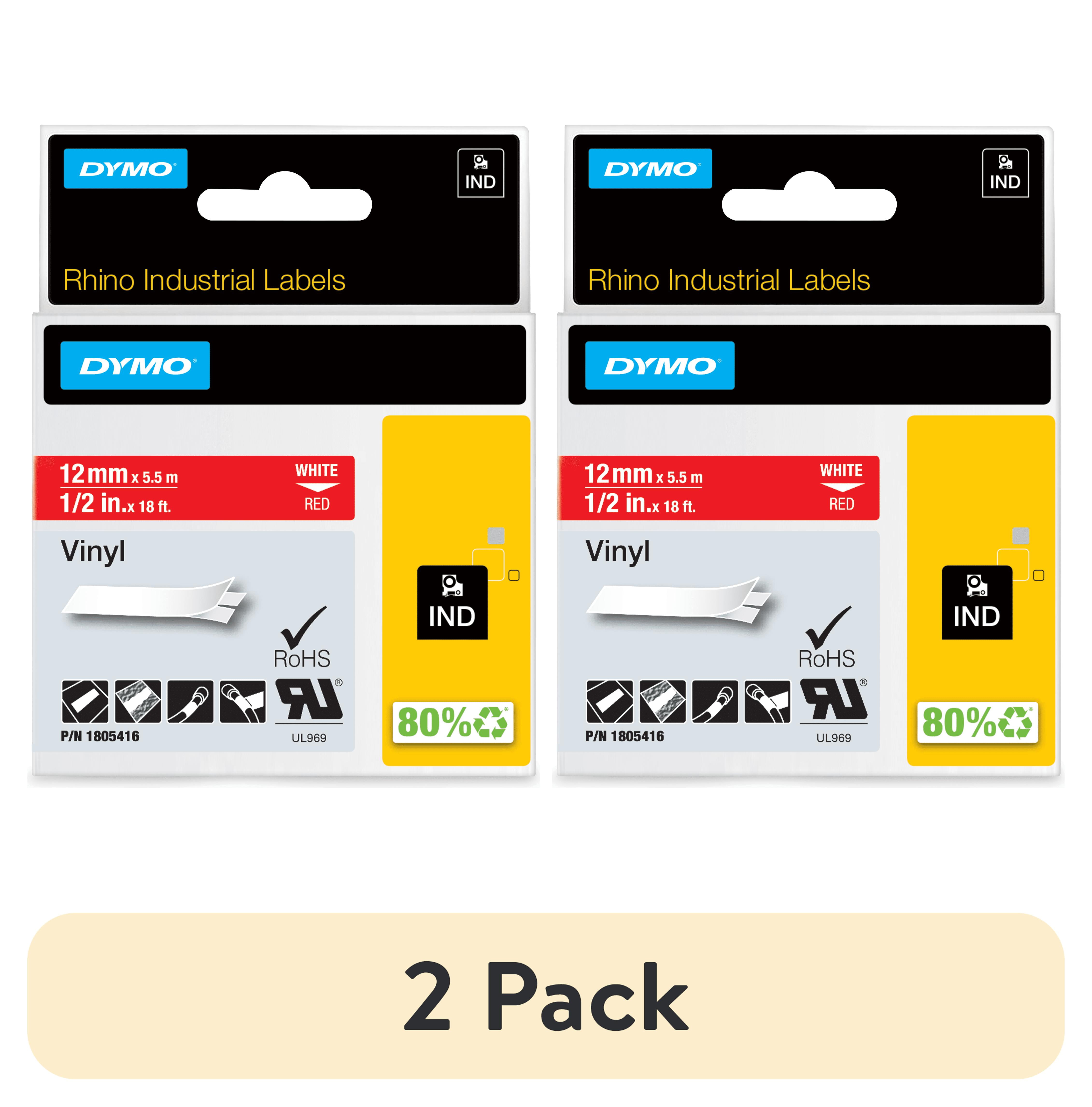 (2 pack) DYMO Rhino Industrial Vinyl Labels, 1/2", White Print on Red ...