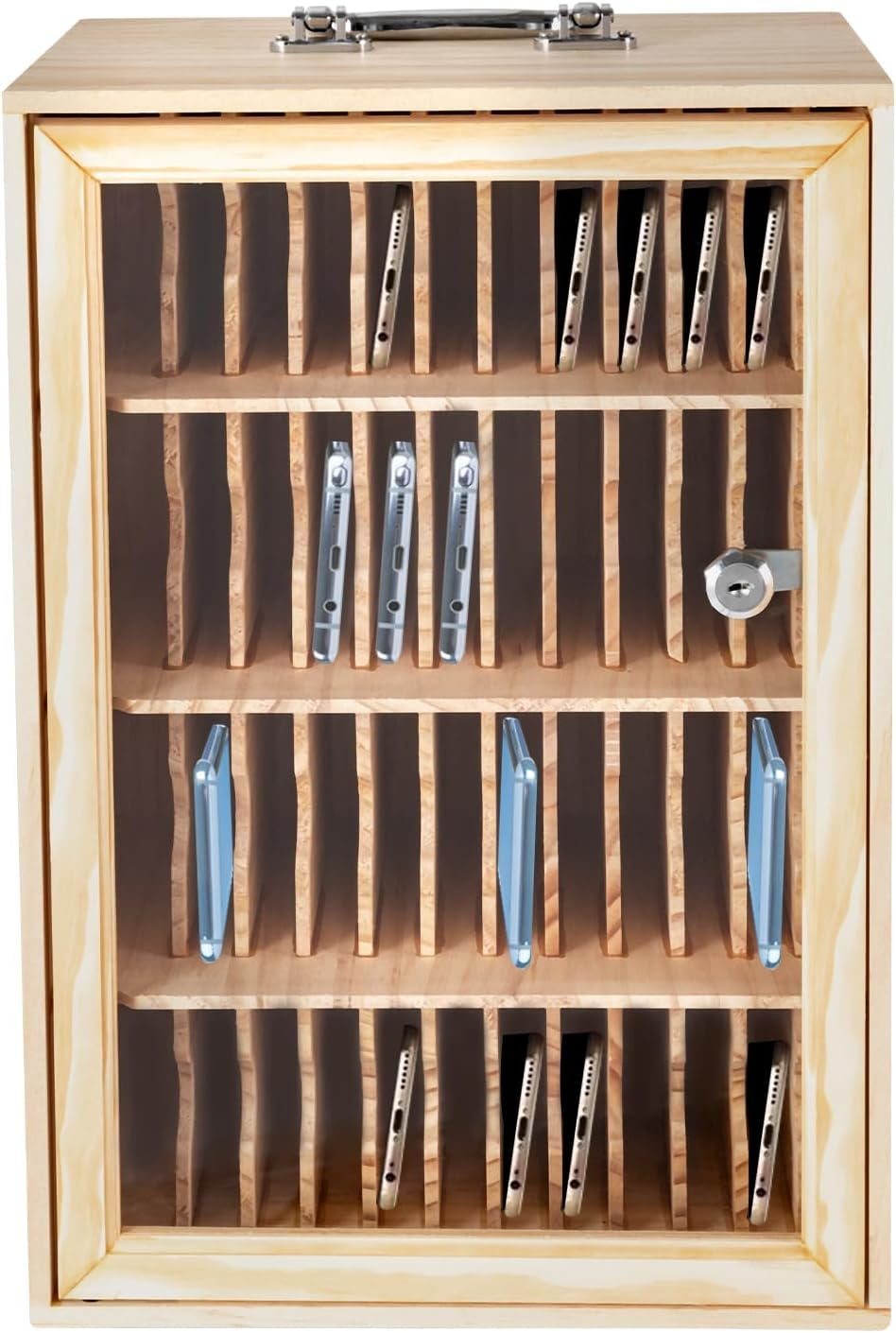 DYNAMI 48-Slot Wooden Cell Phone Storage Cabinet with Lock,Wall-Mounted ...