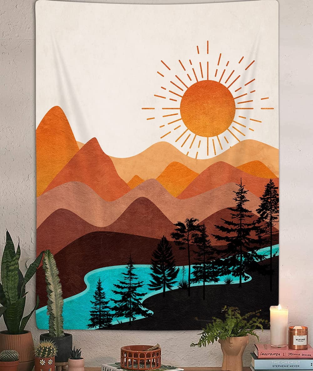DYNH Boho Mountain Vertical Tapestry, Nature Forest Tree Lake Sun ...