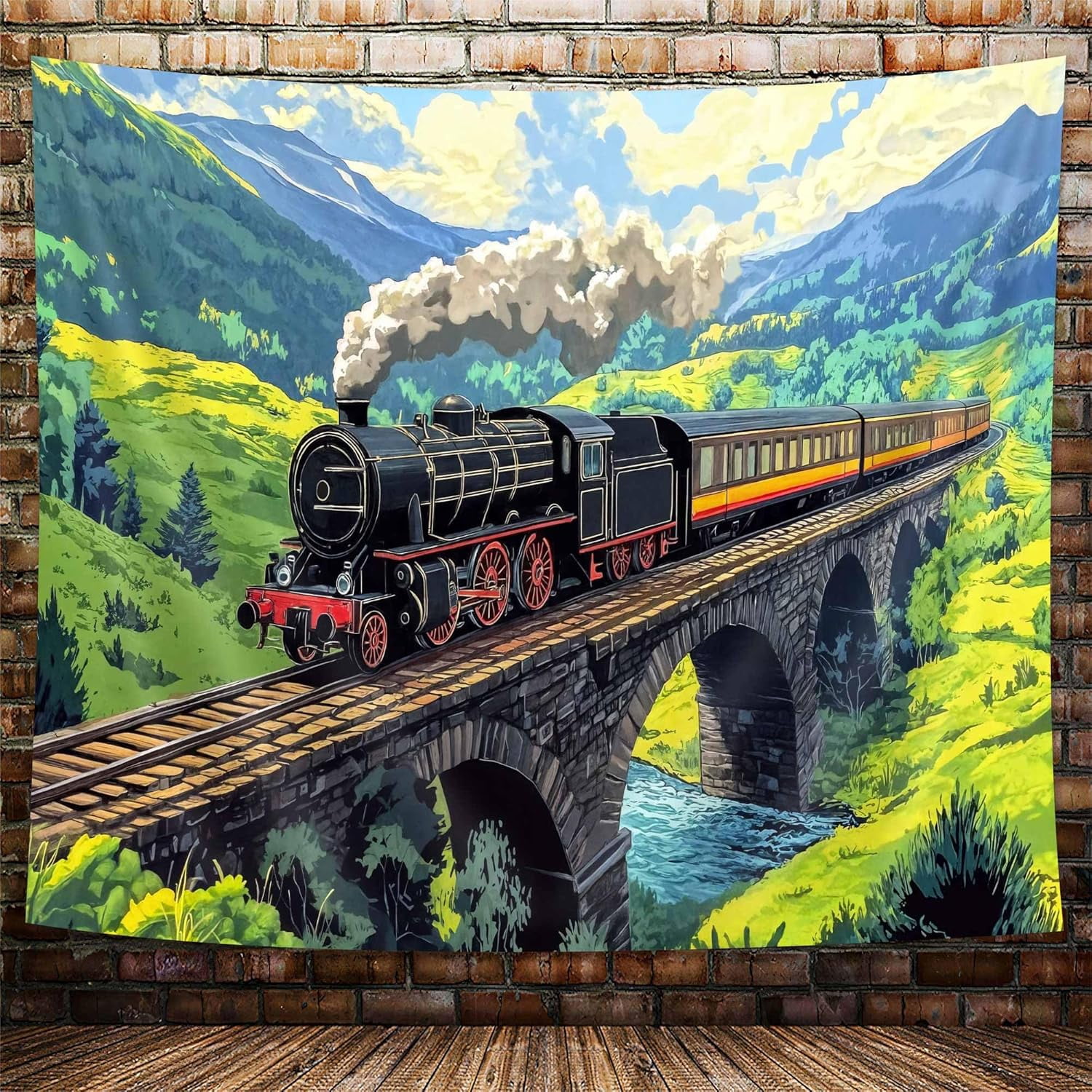 DYNH Christmas Steam Train Tapestry,Snow Moon Star Mountain Cabin ...