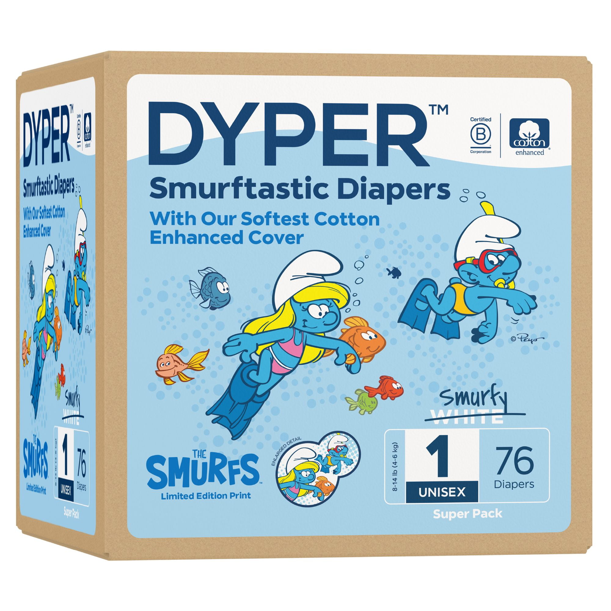 DYPER Cotton-Enhanced Diapers Smurfs Edition, Size 1, 76 Count (Select ...