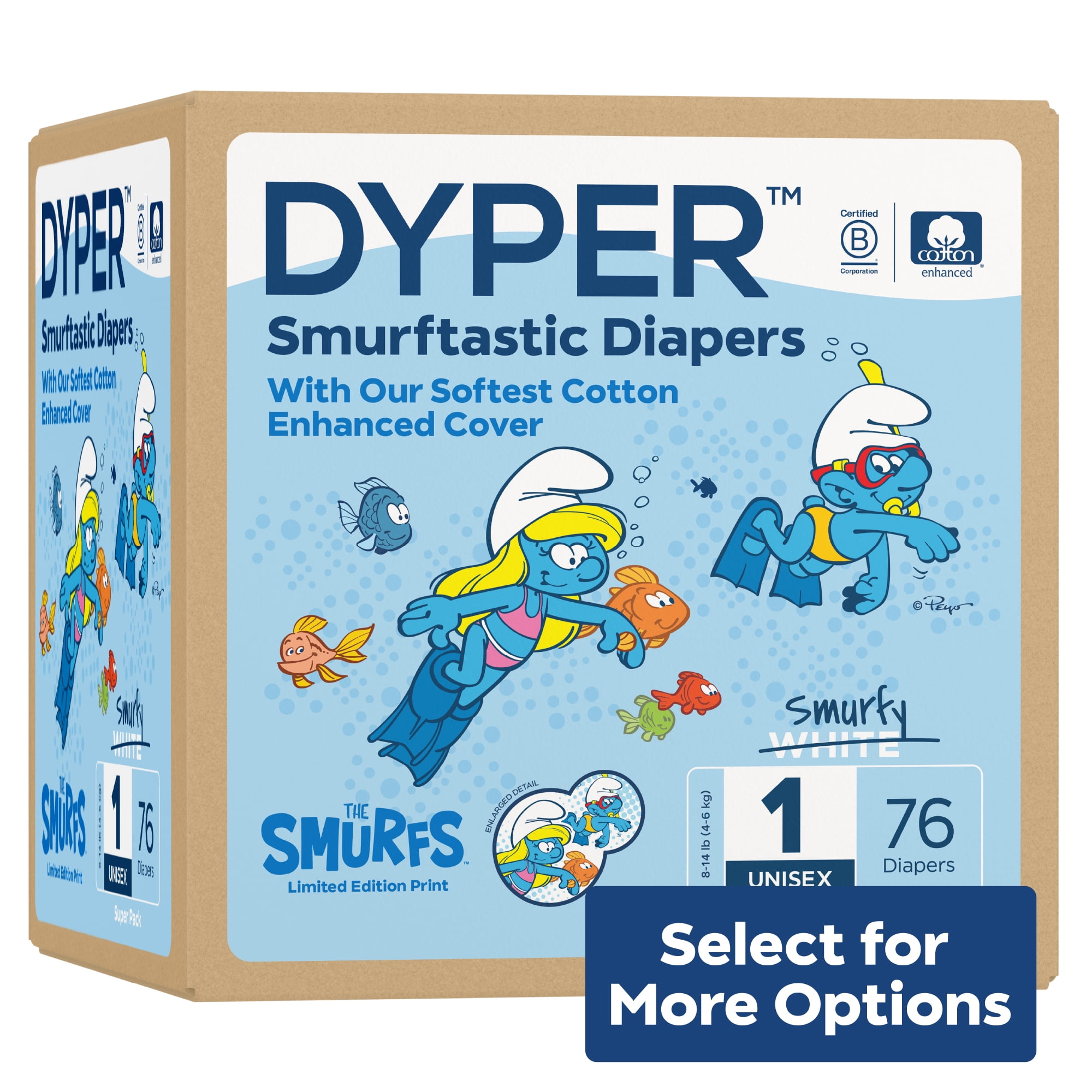 DYPER Cotton-Enhanced Diapers Smurfs Edition, Size 1, 76 Count (Select ...