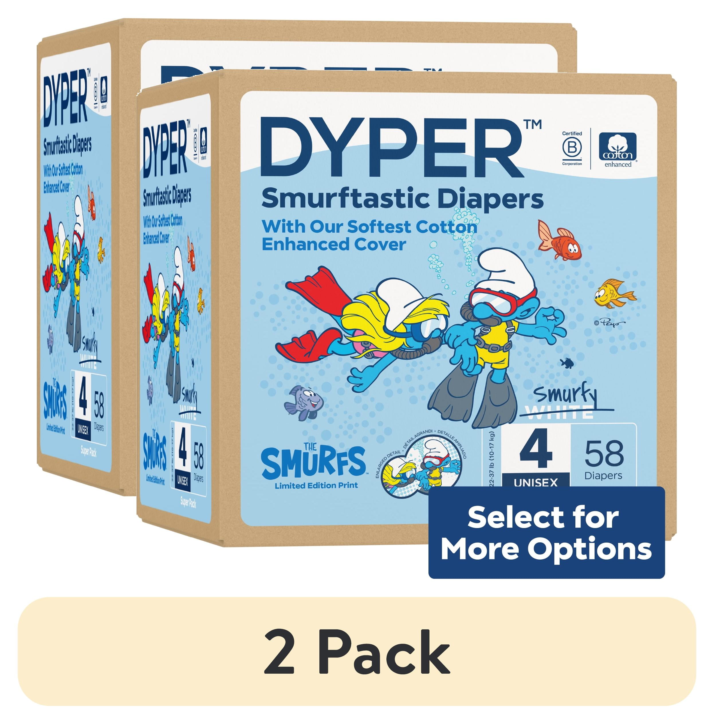 (2 pack) DYPER Cotton-Enhanced Diapers Smurfs Edition, Size 4, 58 Count ...