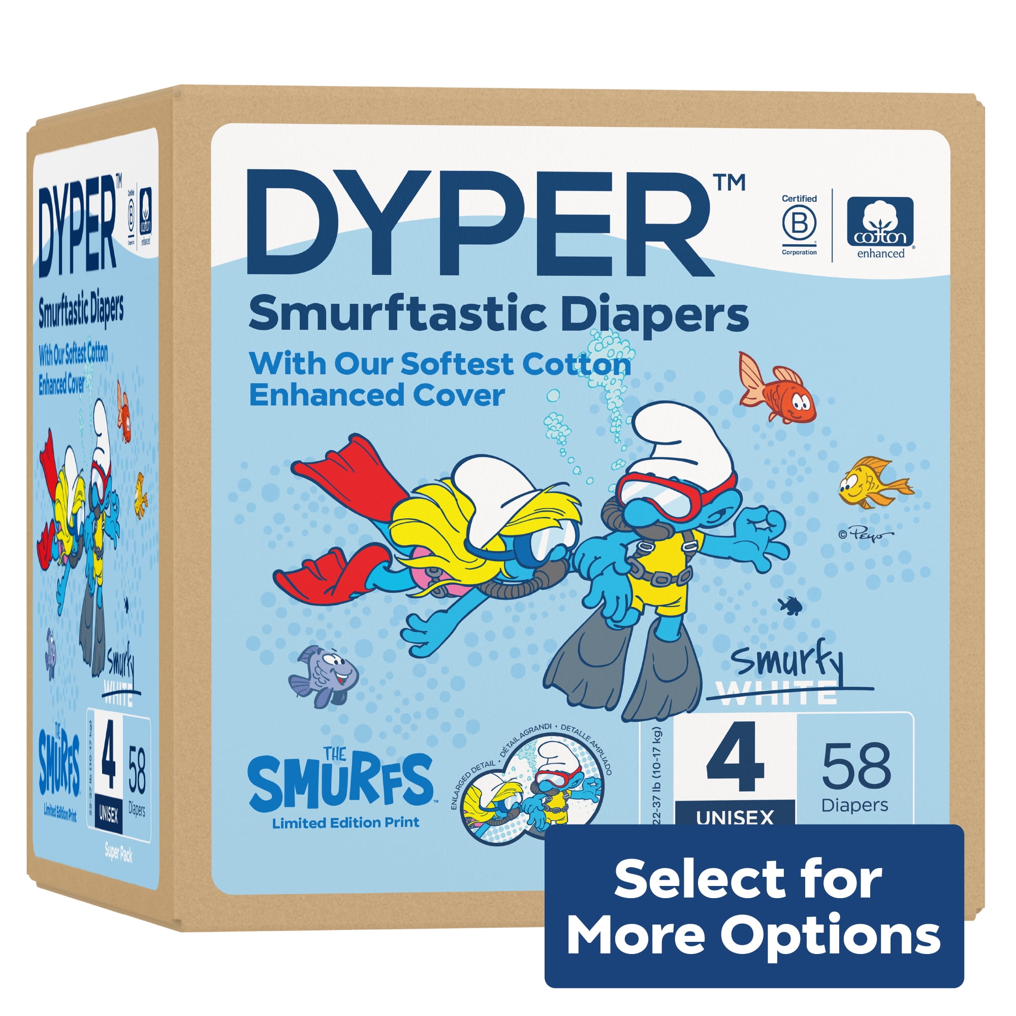 DYPER Cotton-Enhanced Diapers Smurfs Edition, Size 4, 58 Count (Select ...