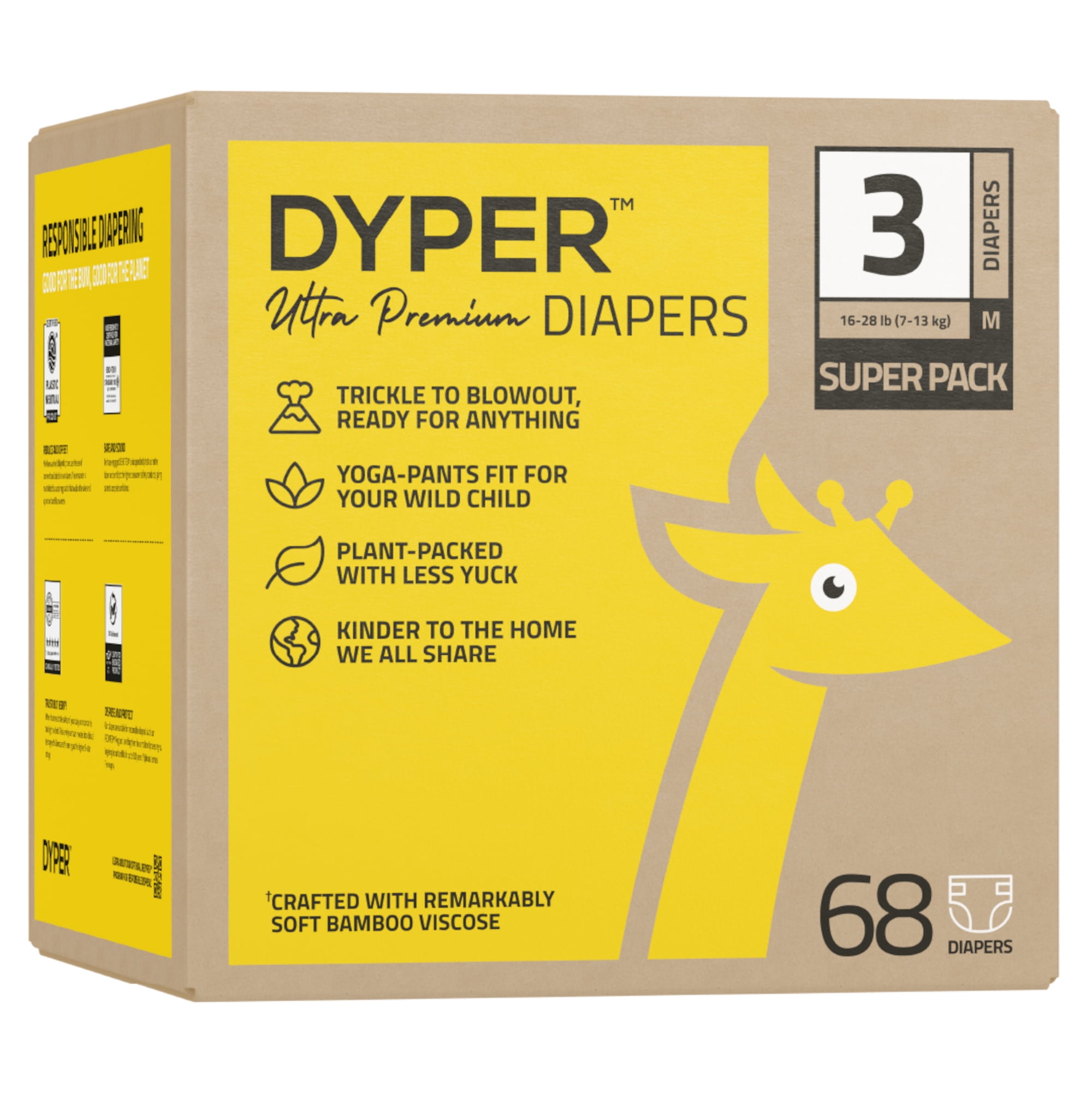 DYPER Ultra Premium Diapers Size 3, Plant-Based Bamboo, Breathable, 68 ...