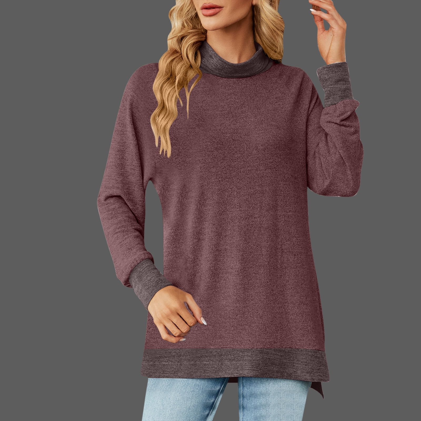 DYTTDG Women's Fashion Colorblocking Cotton High Neck Long Sleeve T ...